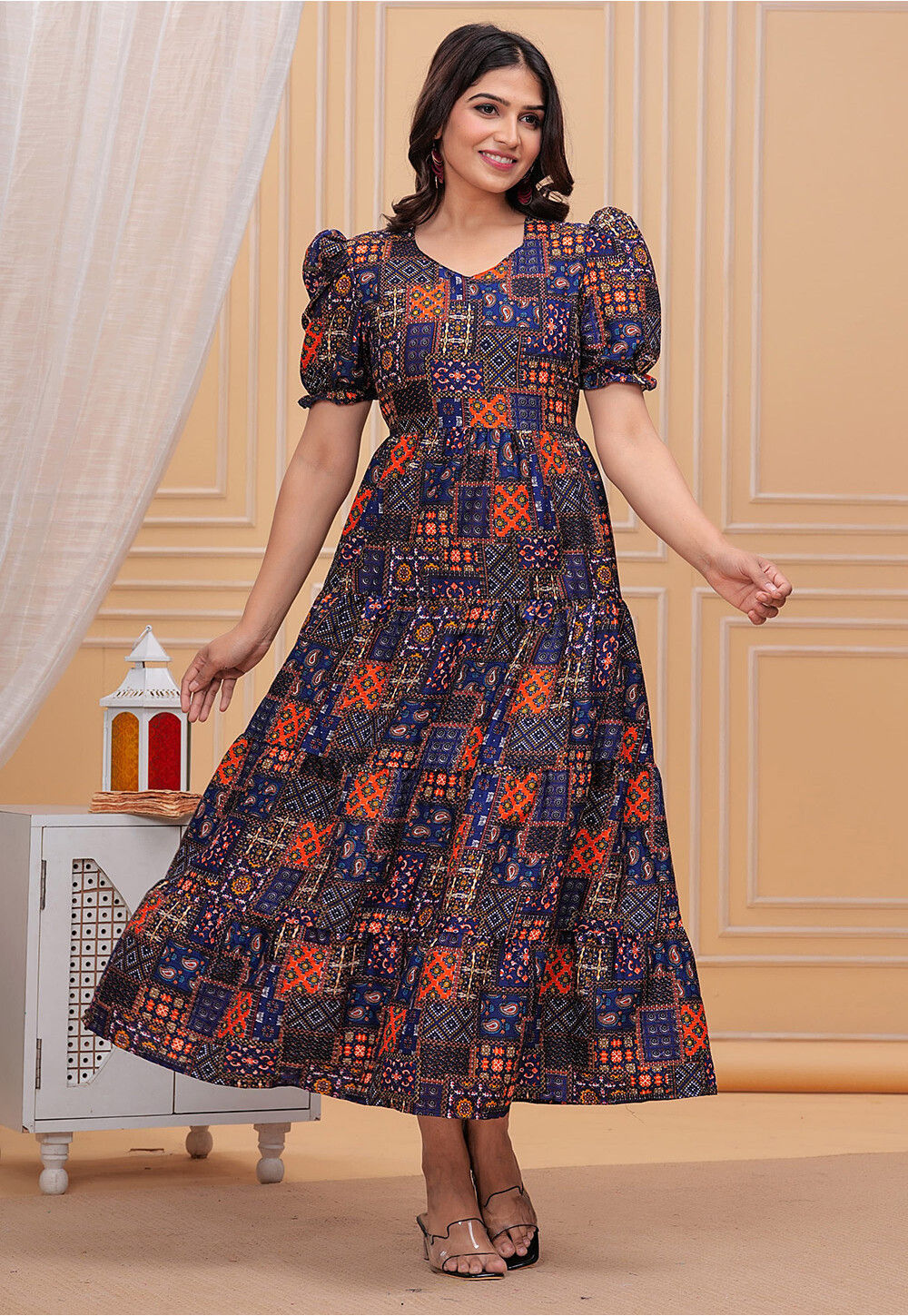 Buy Digital Printed Cotton Tiered Dress in Navy Blue Online : TAV25 ...