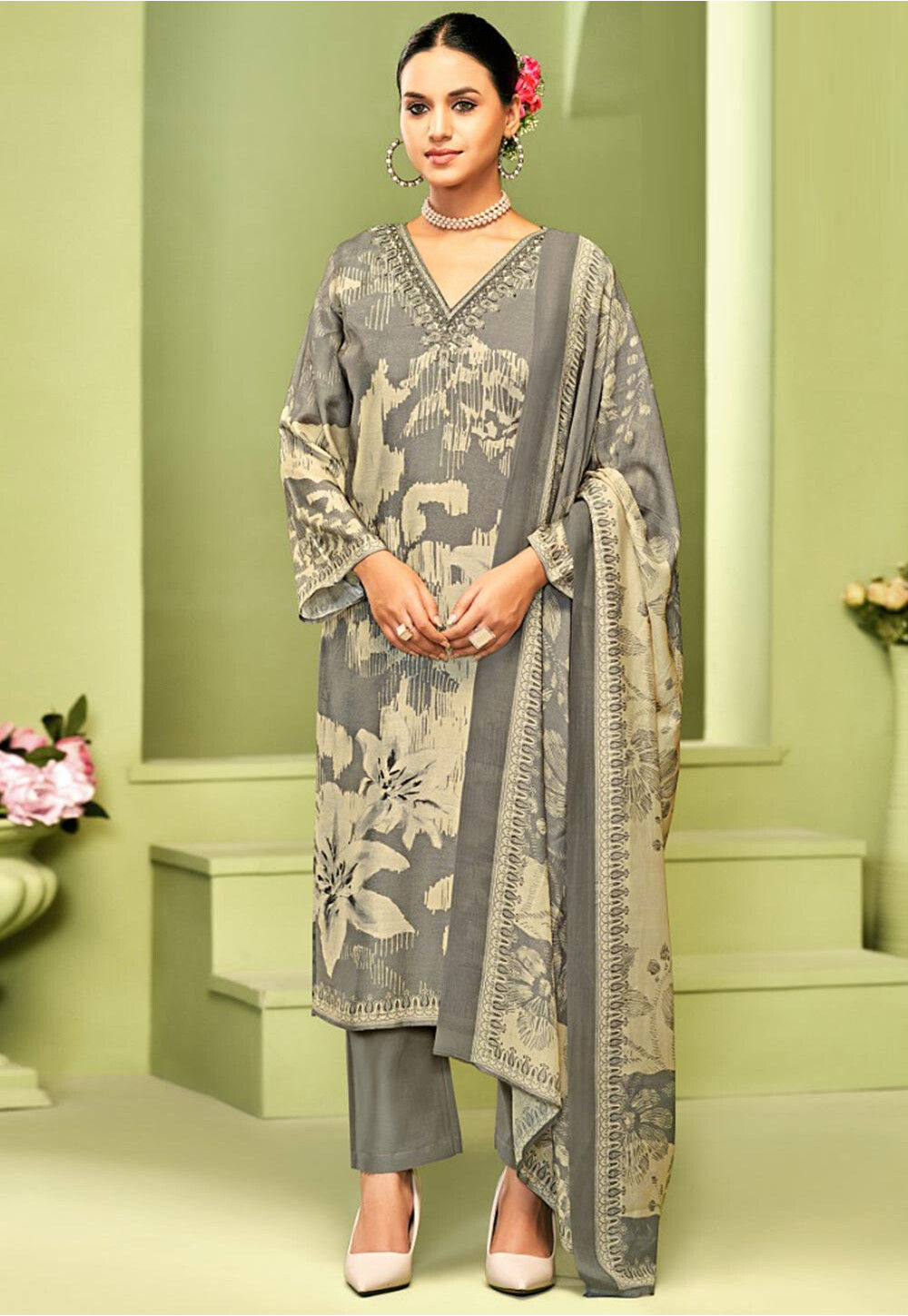 Buy Digital Printed Crepe Pakistani Suit in Grey Online : KJR857 ...