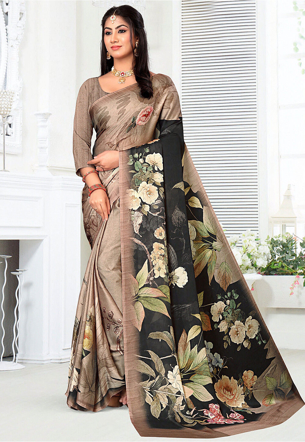 Buy Digital Printed Crepe Saree in Fawn and Black Online : SEW16028 ...