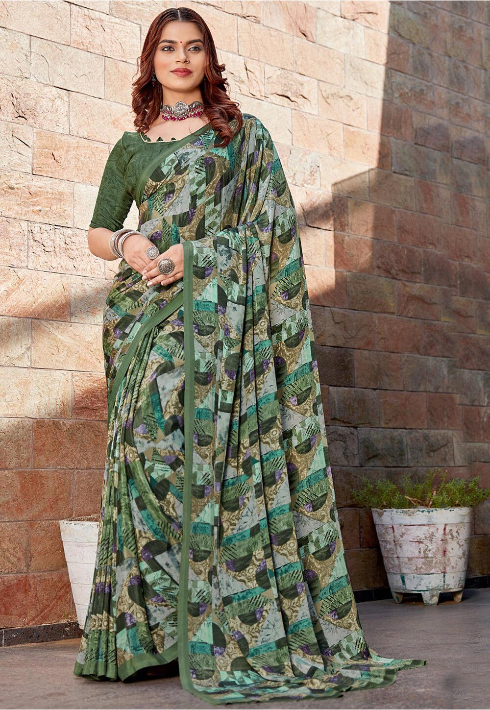 Buy Digital Printed Crepe Saree in Green and Multicolor Online ...