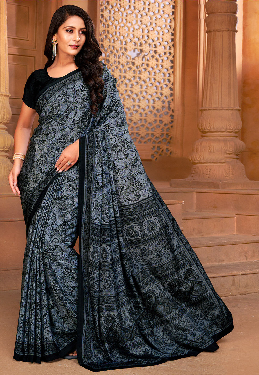 Buy Digital Printed Crepe Saree in Grey Online : SEW15851 - Utsav Fashion