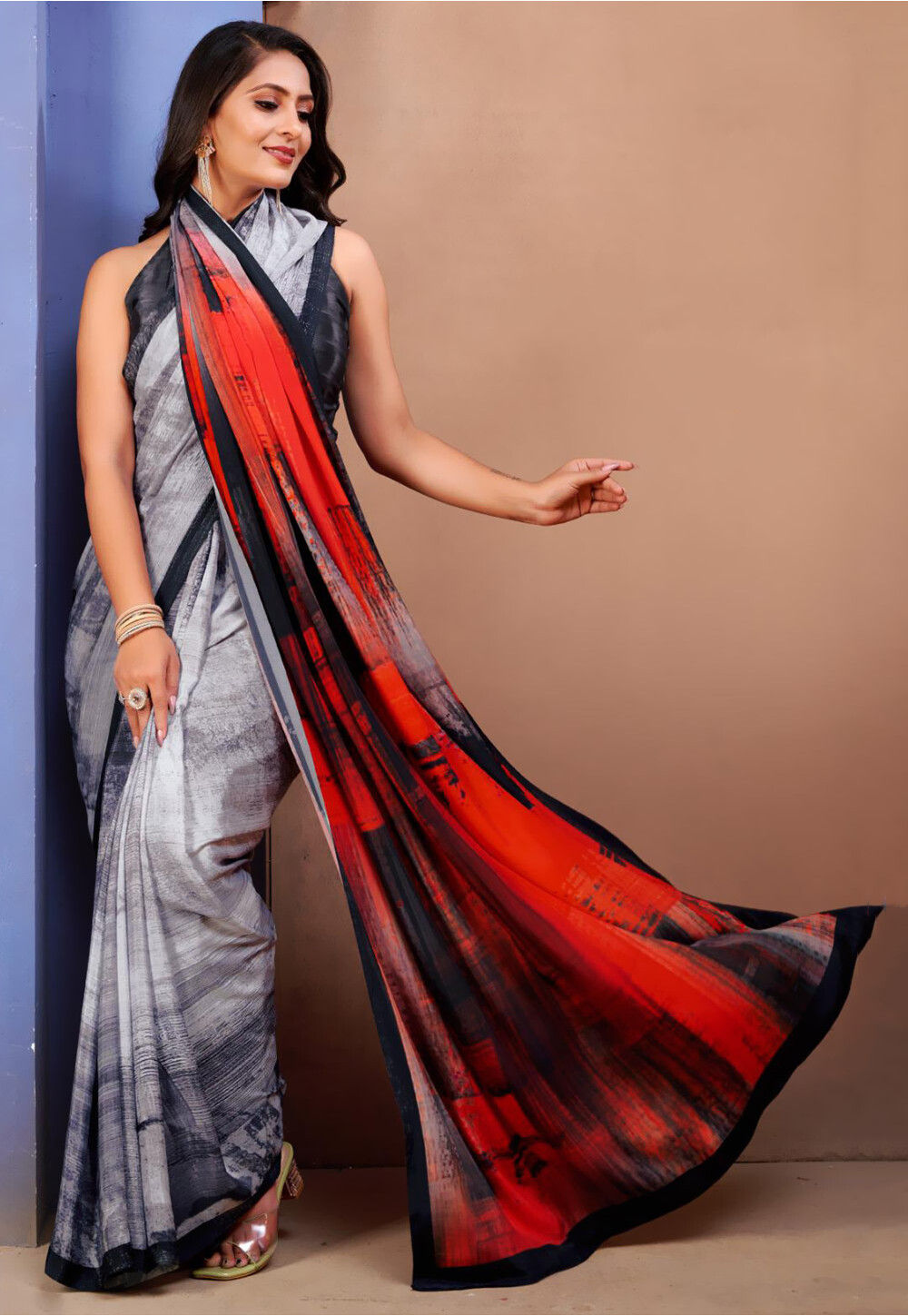 Buy Digital Printed Crepe Saree in Light Grey Online : SEW15816 - Utsav ...