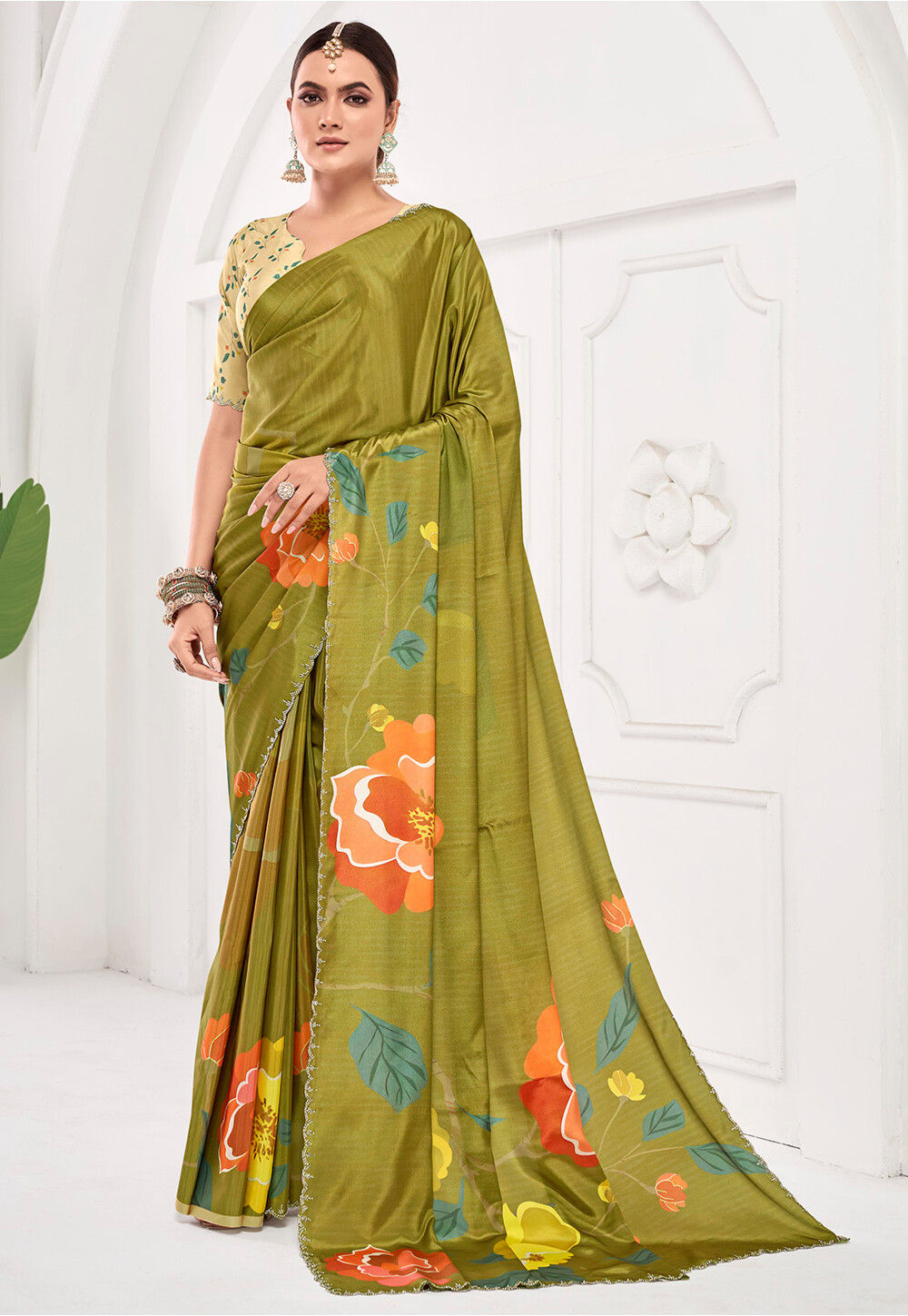 Buy Digital Printed Crepe Saree in Olive Green Online : SEW16409 ...