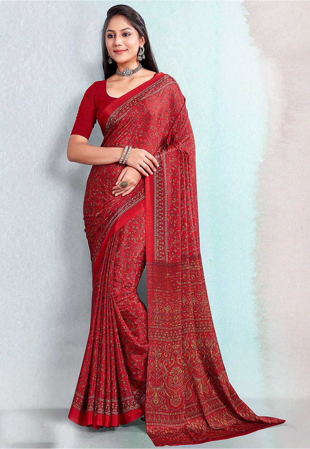 Buy Digital Printed Crepe Saree in Red Online : SSEA2713 - Utsav Fashion