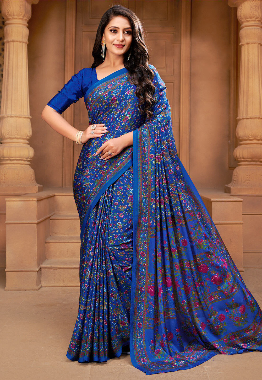 Buy Digital Printed Crepe Saree in Royal Blue Online : SEW15855 - Utsav ...