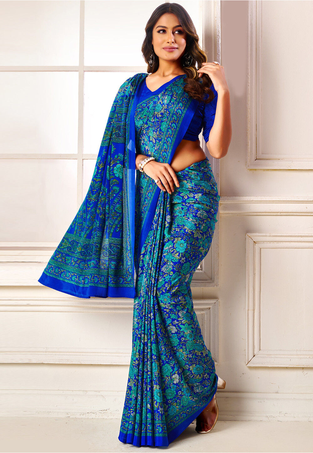 Buy Digital Printed Crepe Saree in Royal Blue Online : SEW16017 - Utsav ...