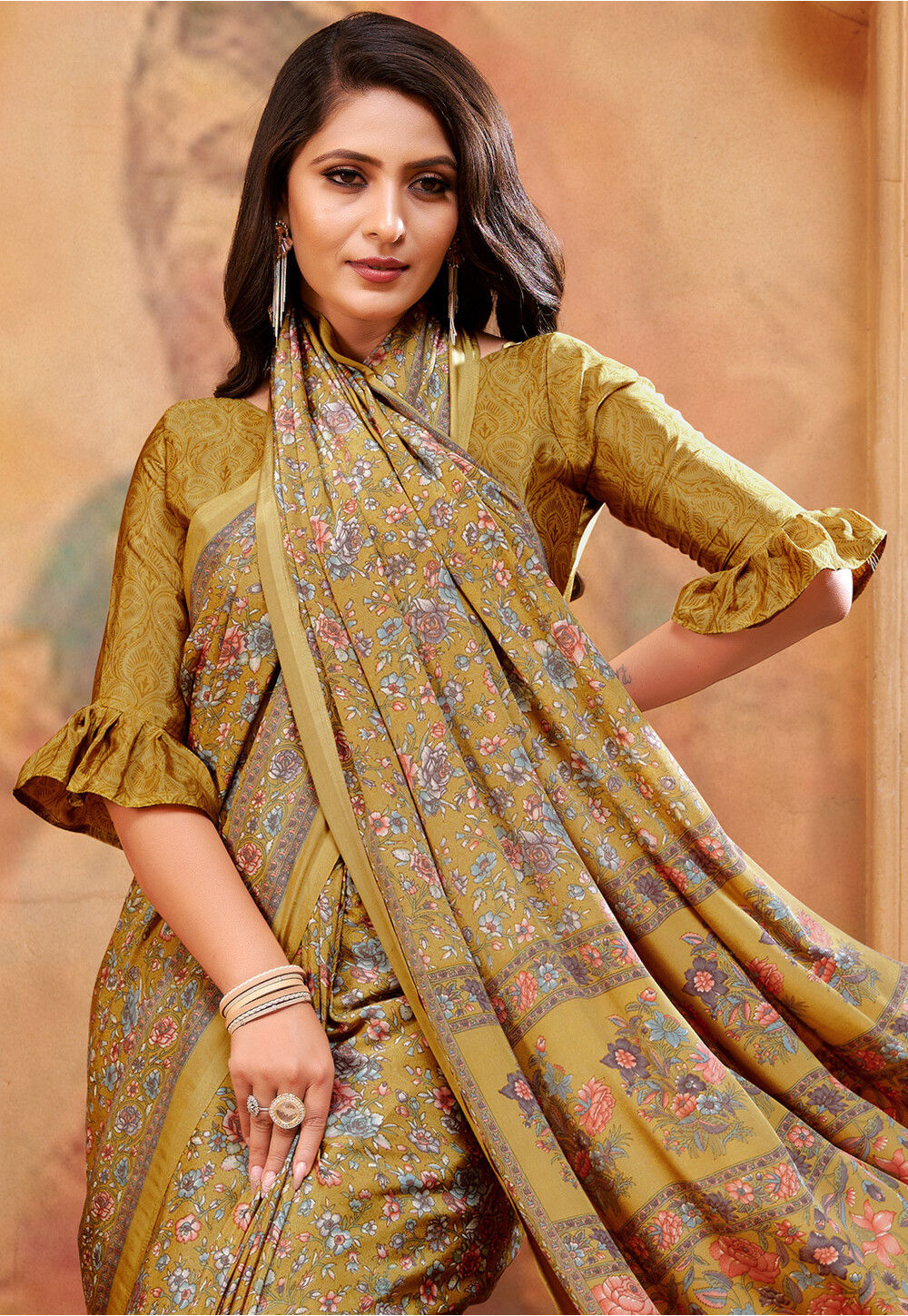 Buy Digital Printed Crepe Saree in Yellow Online : SEW15857 - Utsav Fashion