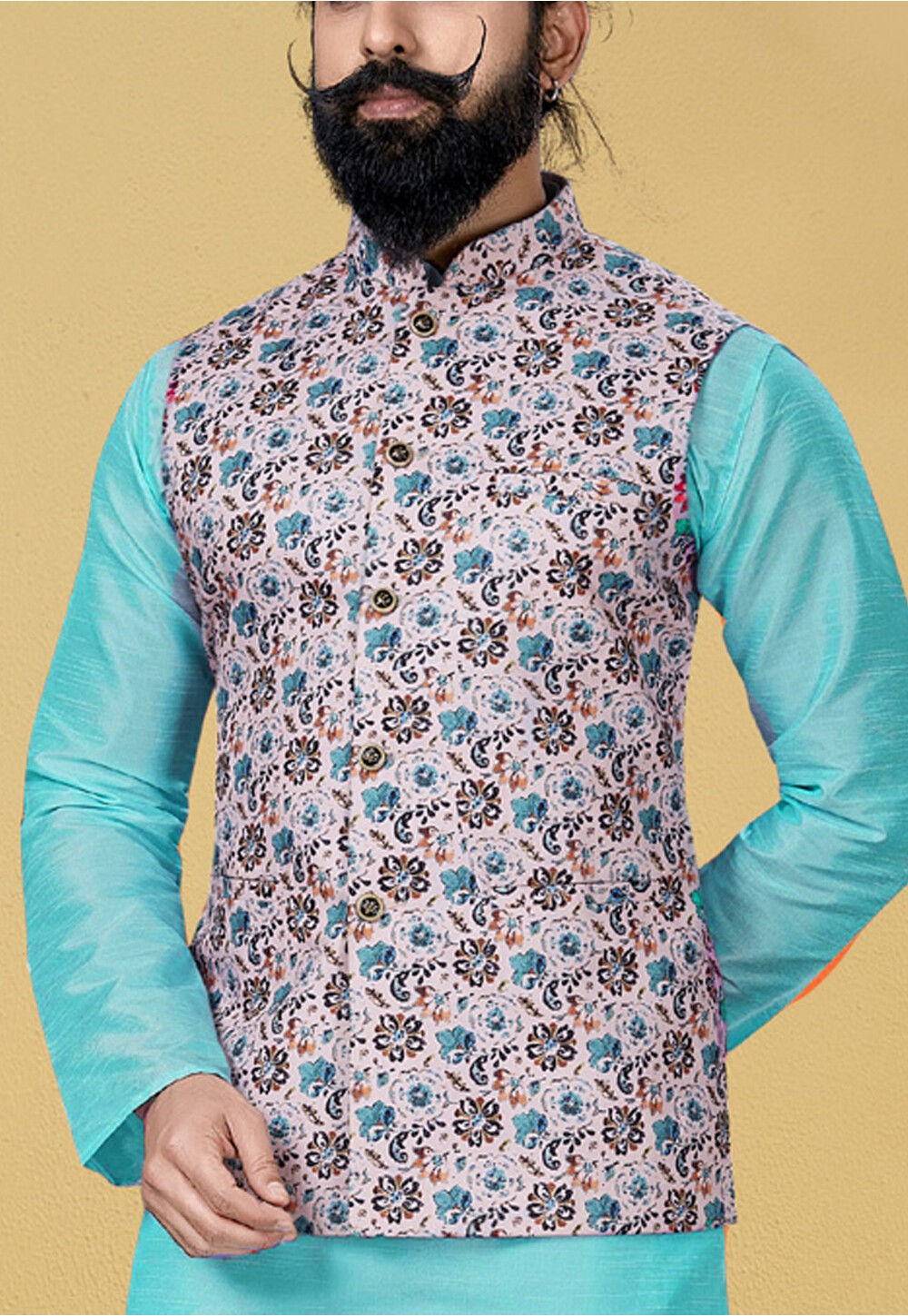 Digital Printed Dupion Silk Kurta Jacket Set in Blue and Pink : MDW53