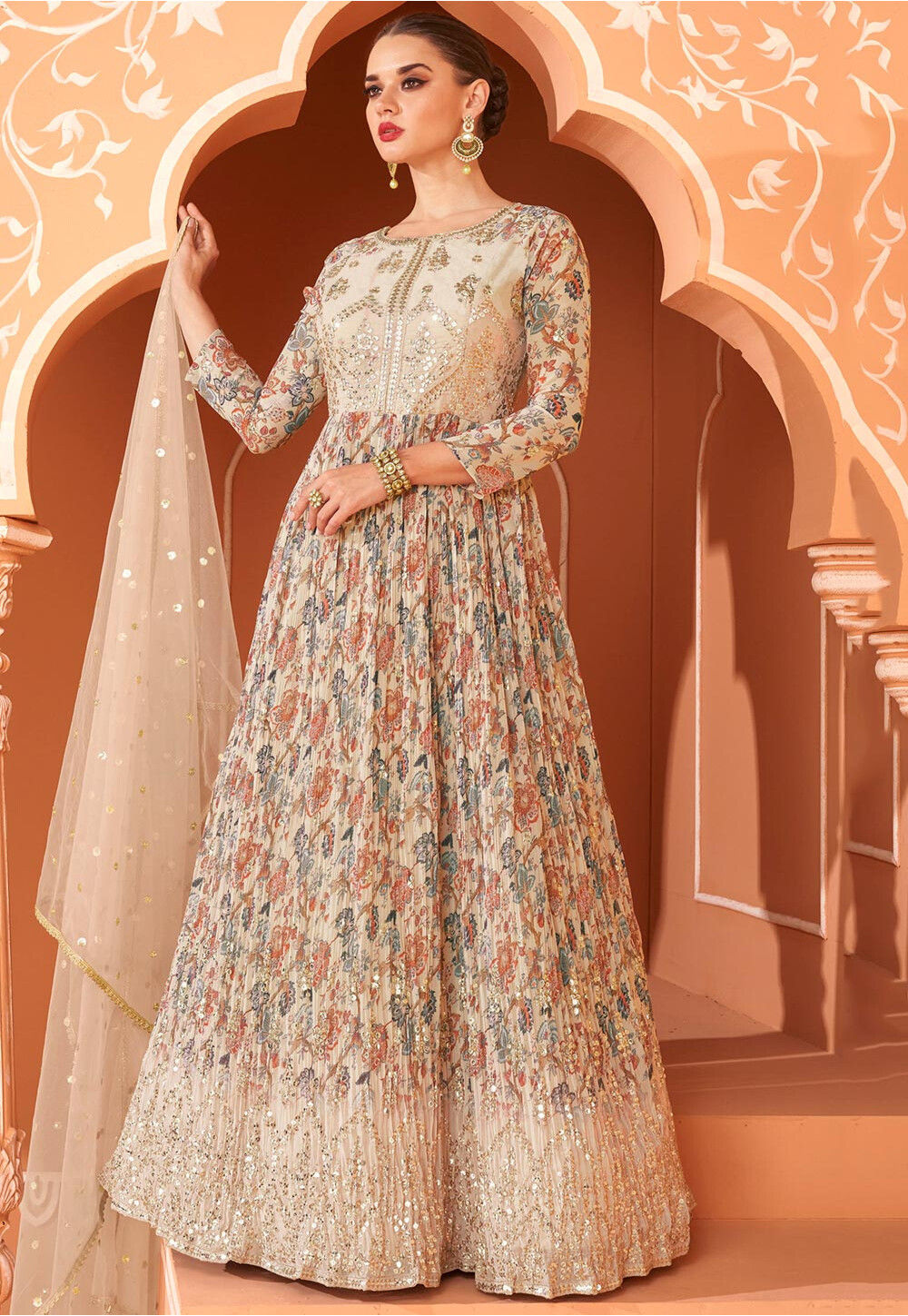 Buy Digital Printed Georgette Abaya Style Suit in Beige Online ...