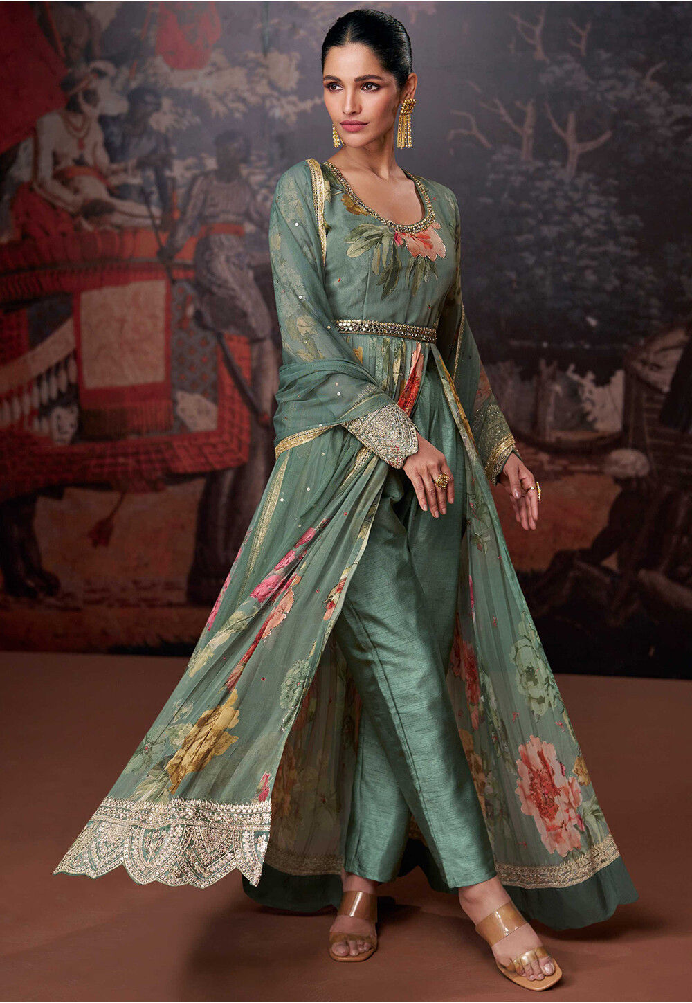 Buy Digital Printed Georgette Abaya Style Suit in Dusty Sea Green ...