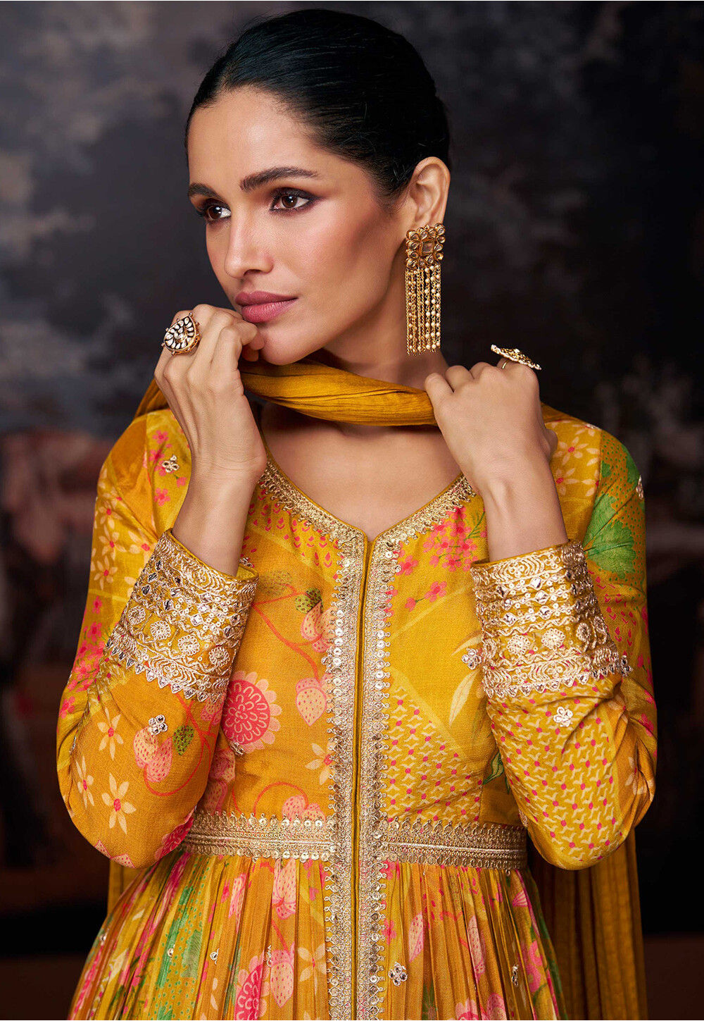 Buy Digital Printed Georgette Abaya Style Suit in Mustard Online ...