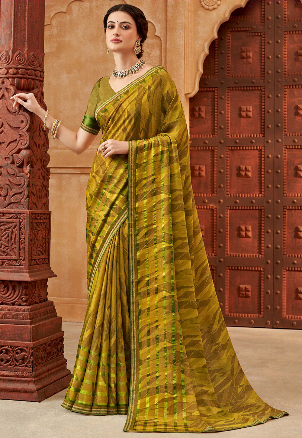 Buy Digital Printed Georgette Brasso Saree in Olive Green Online ...