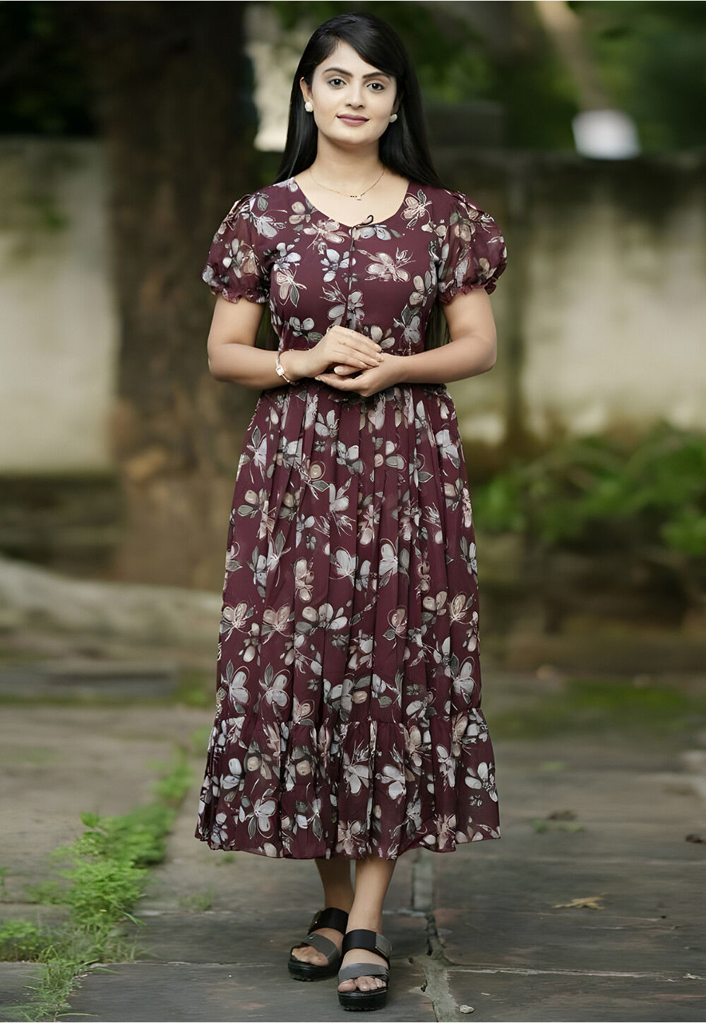 Buy Digital Printed Georgette Fit N Flare Dress in Wine Online ...