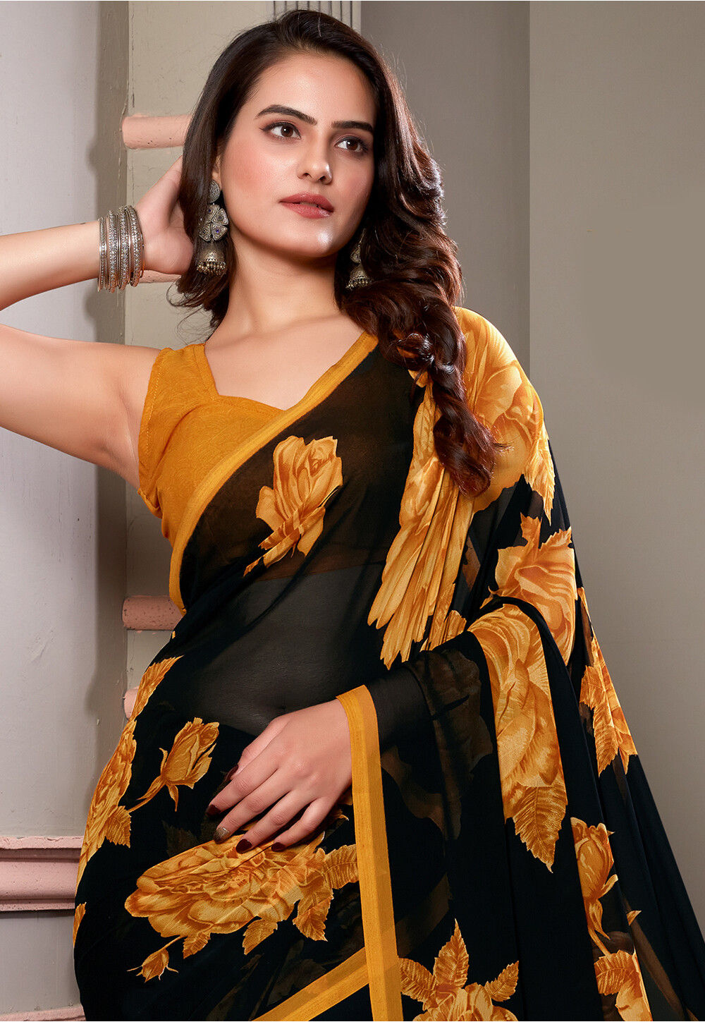 Buy Digital Printed Georgette Saree in Black Online : SEW15213 - Utsav ...