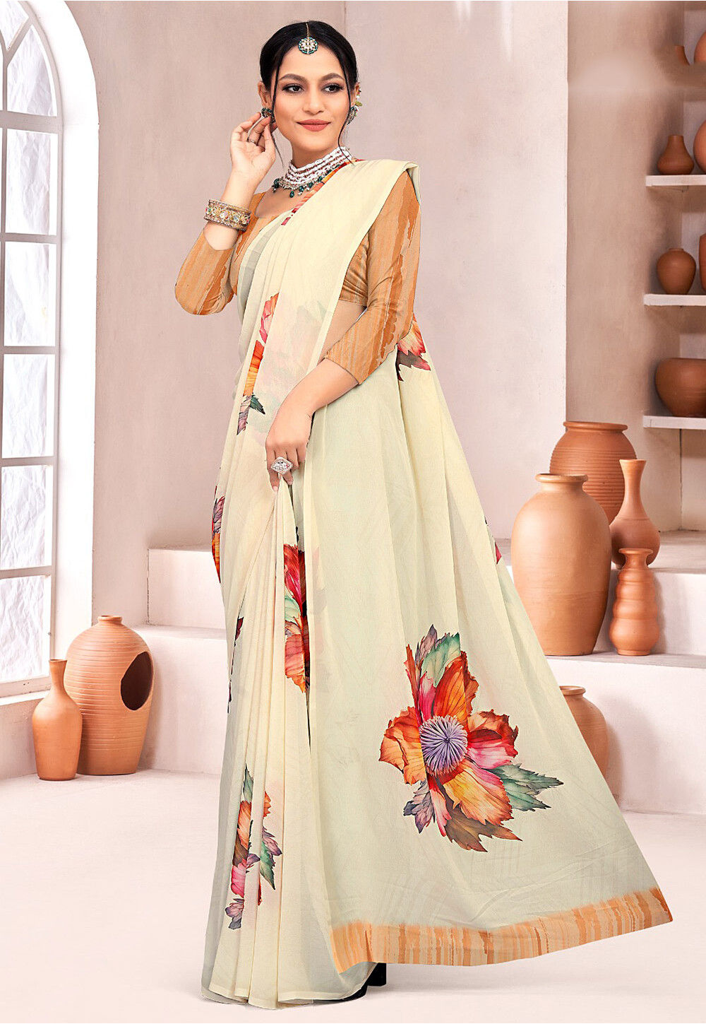 Buy Digital Printed Georgette Saree in Light Beige Online : SEW16043 ...