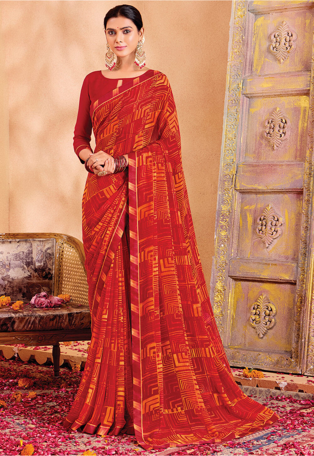Buy Digital Printed Georgette Saree in Orange and Red Online : STS8418 - Utsav Fashion