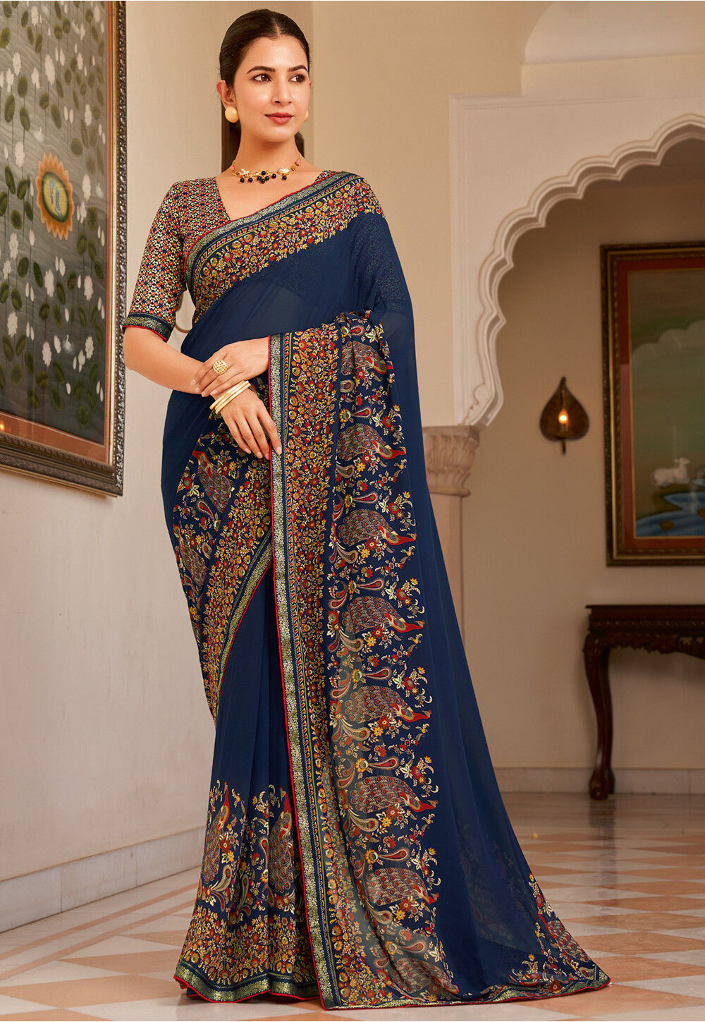 Buy Digital Printed Georgette Saree in Teal Blue Online : SSEA5428 ...