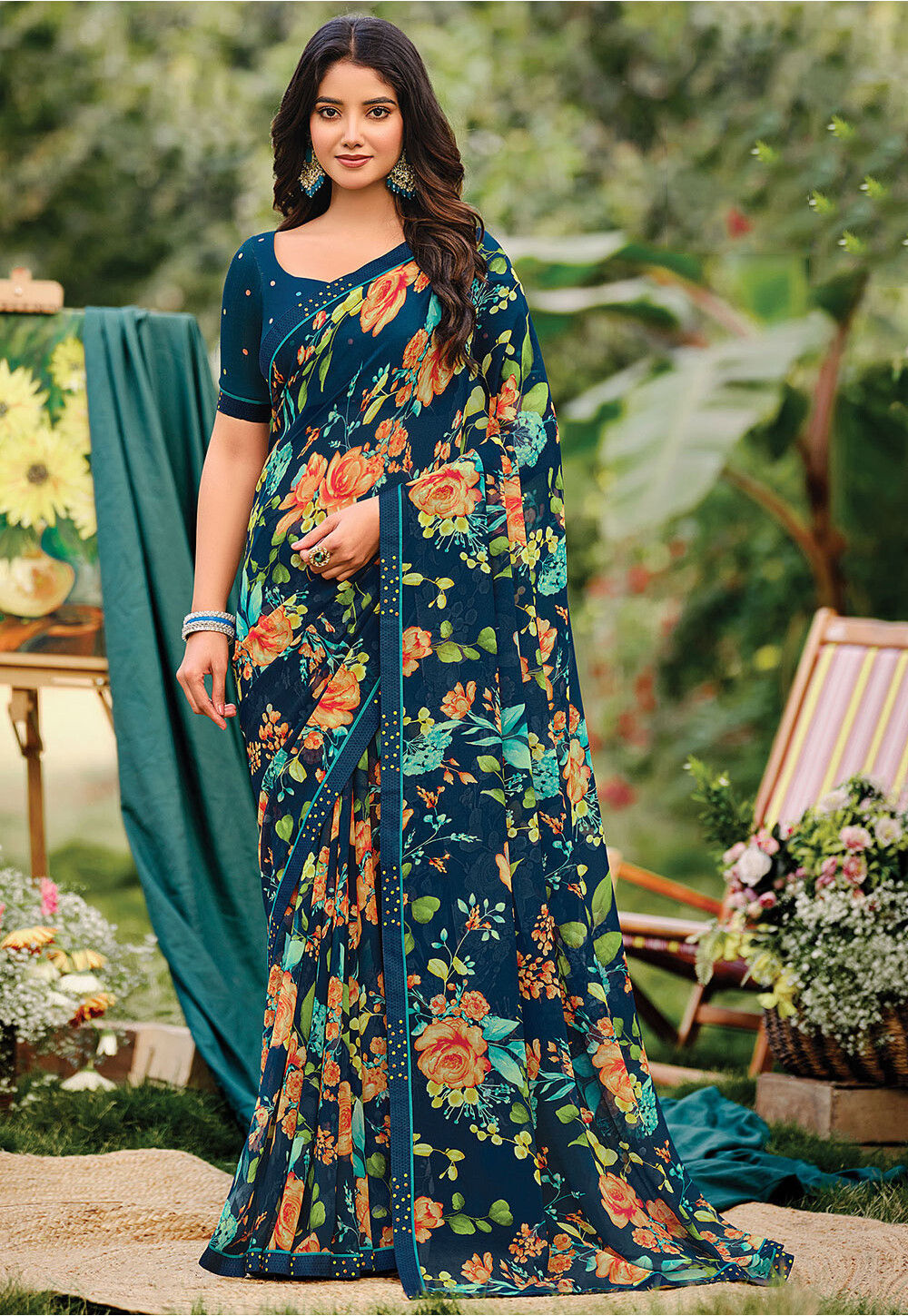 Buy Digital Printed Georgette Saree in Teal Blue Online : STS8919 ...