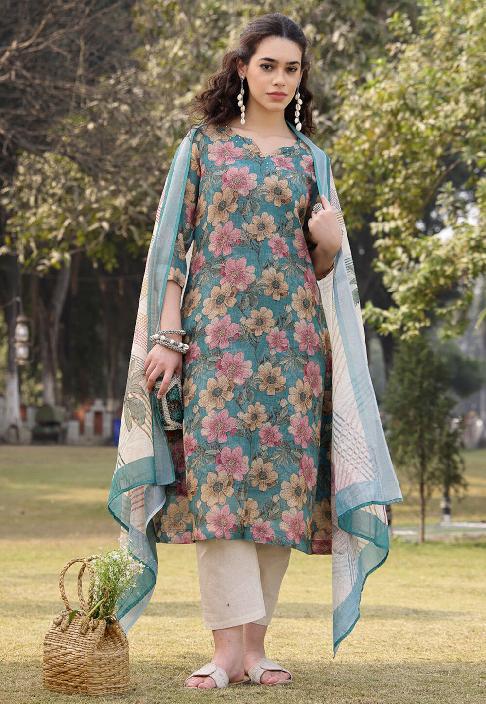 Buy Digital Printed Linen Cotton A Line Suit in Blue Online : KJL2665 ...