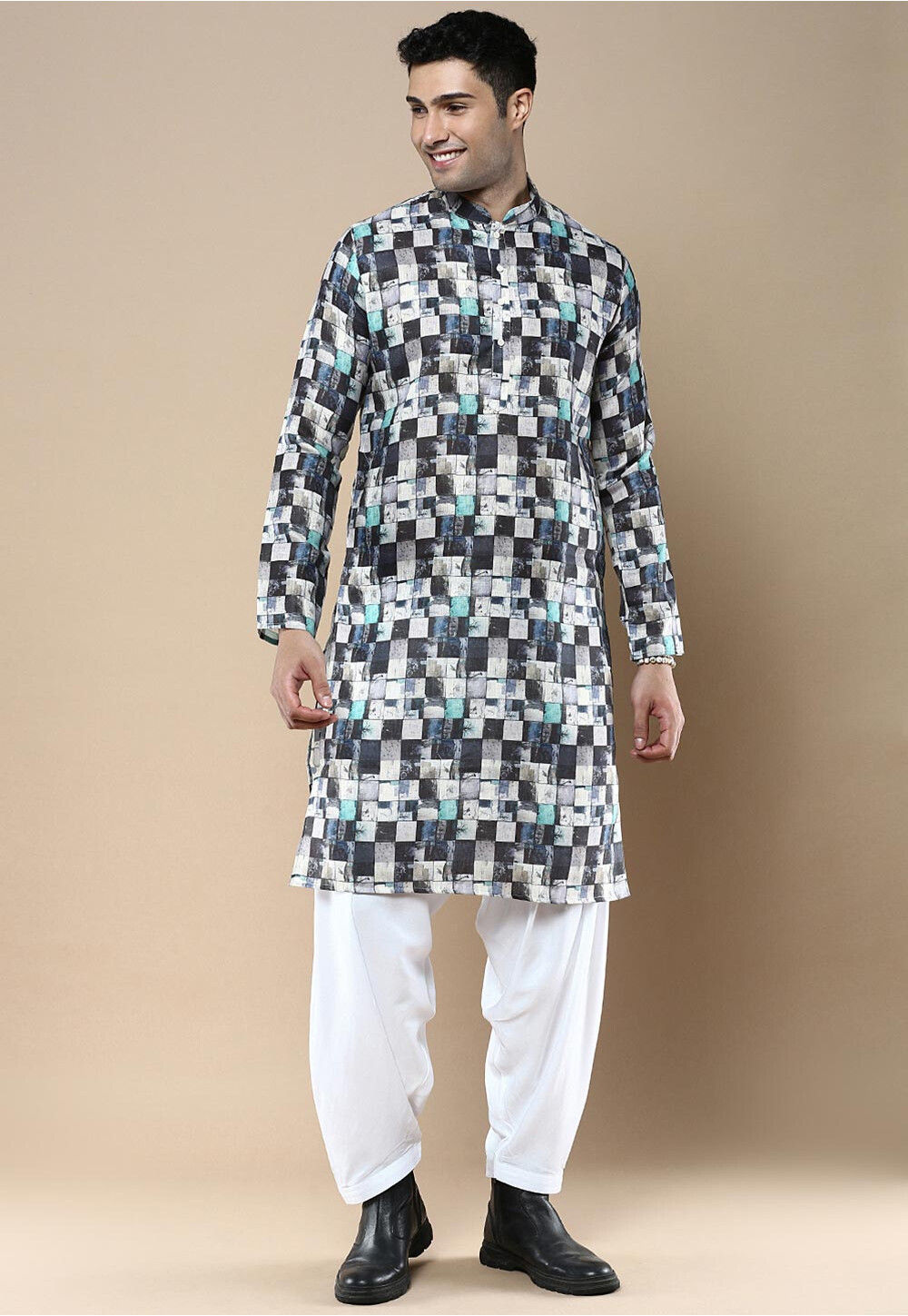 Buy Digital Printed Linen Cotton Kurta Set in Multicolor Online ...
