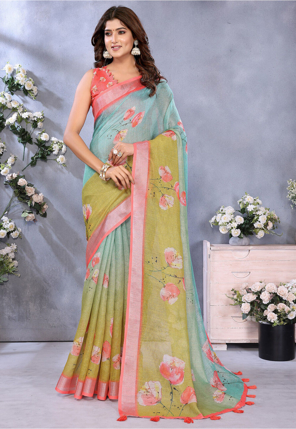 Buy Digital Printed Linen Cotton Saree in Light Green and Sea Green ...