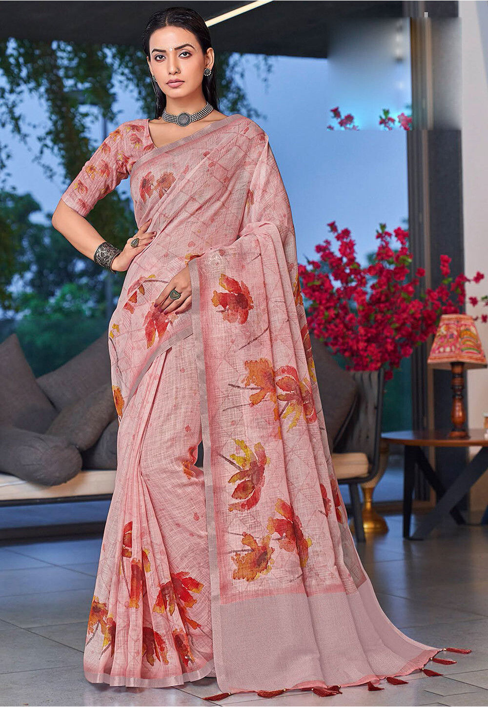 Buy Digital Printed Linen Cotton Saree in Peach Online : SSEA3712 ...