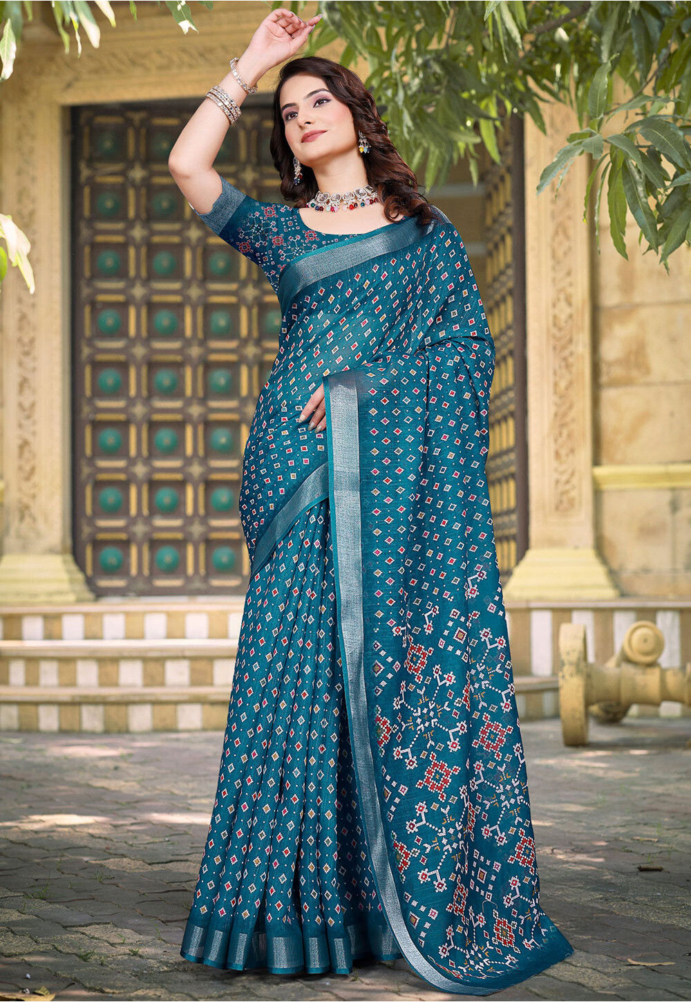 Buy Digital Printed Linen Cotton Saree in Teal Blue Online : SPF15507 ...