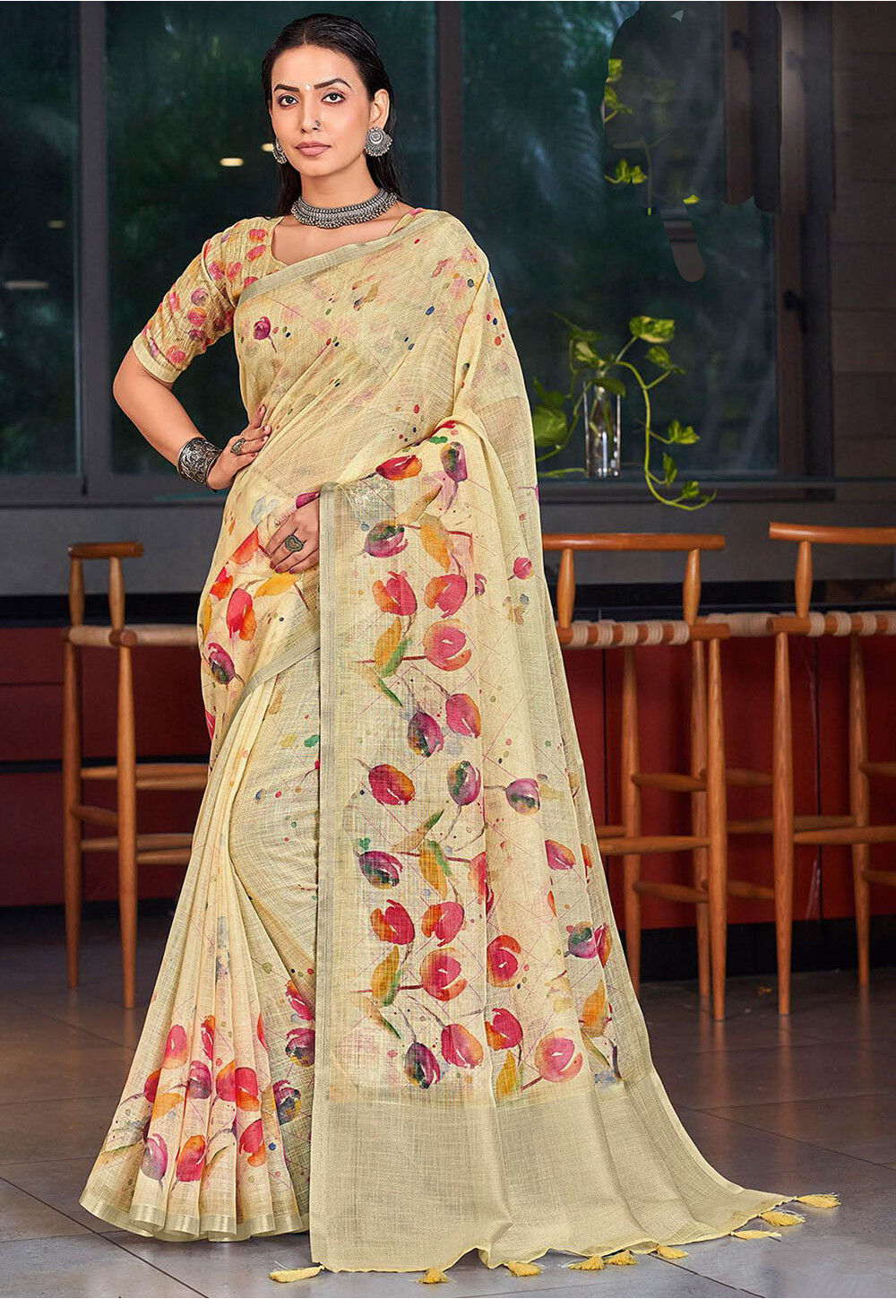 Buy Digital Printed Linen Cotton Saree in Yellow Online : SSEA3714 ...