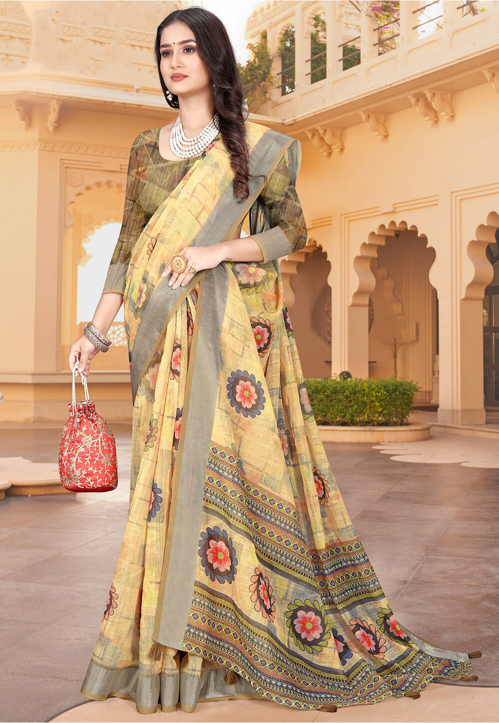 Buy Digital Printed Linen Cotton Saree in Yellow Online : SSF25115 ...