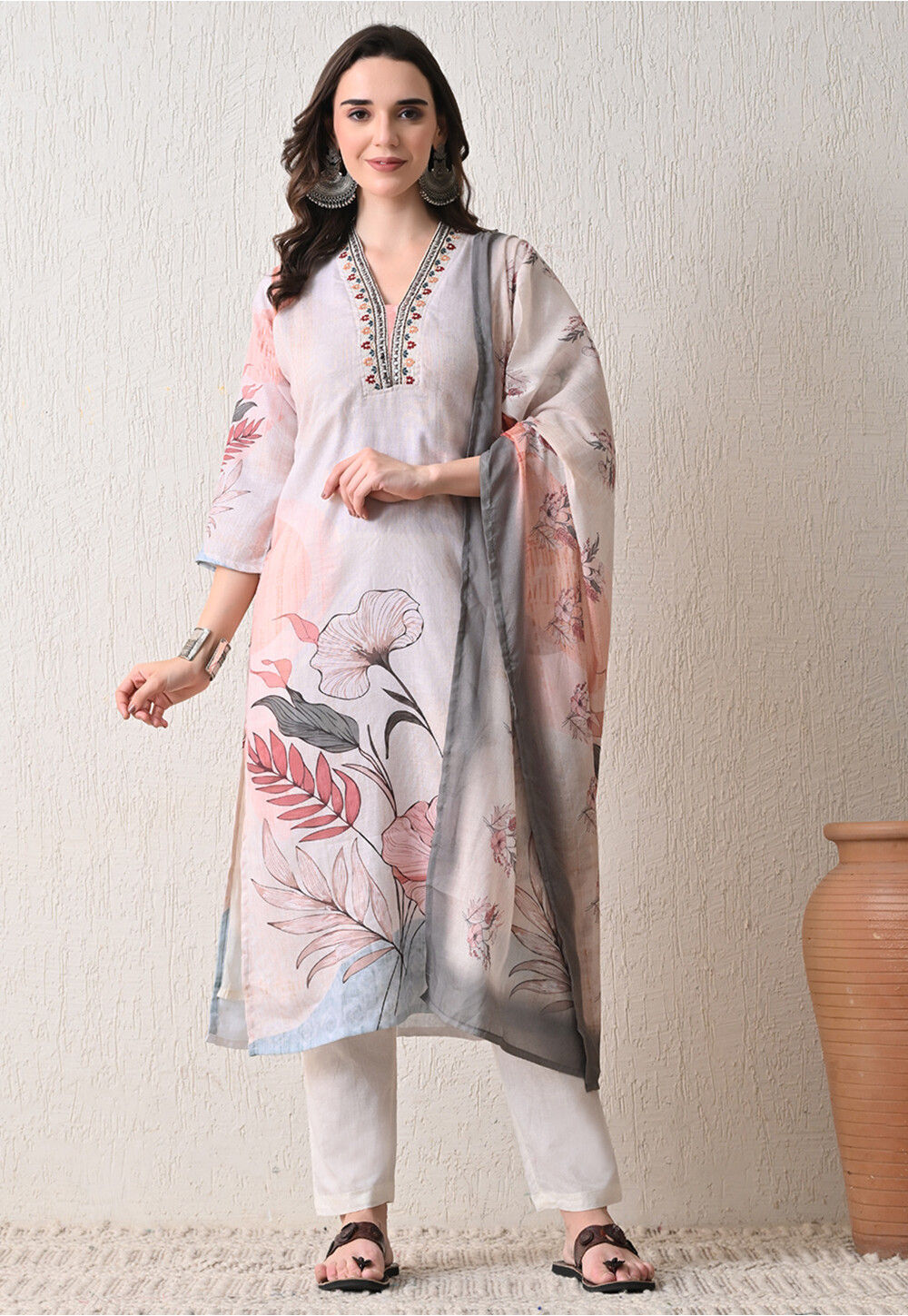 Buy Digital Printed Linen Pakistani Suit in Light Grey Online : KJC6476 ...