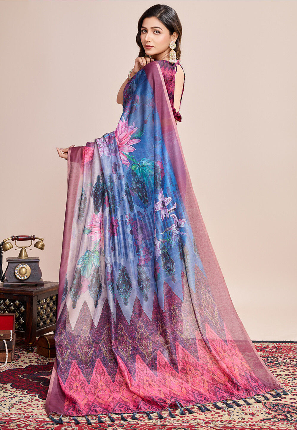 Buy Digital Printed Linen Saree in Blue Online : SPF13182 - Utsav Fashion