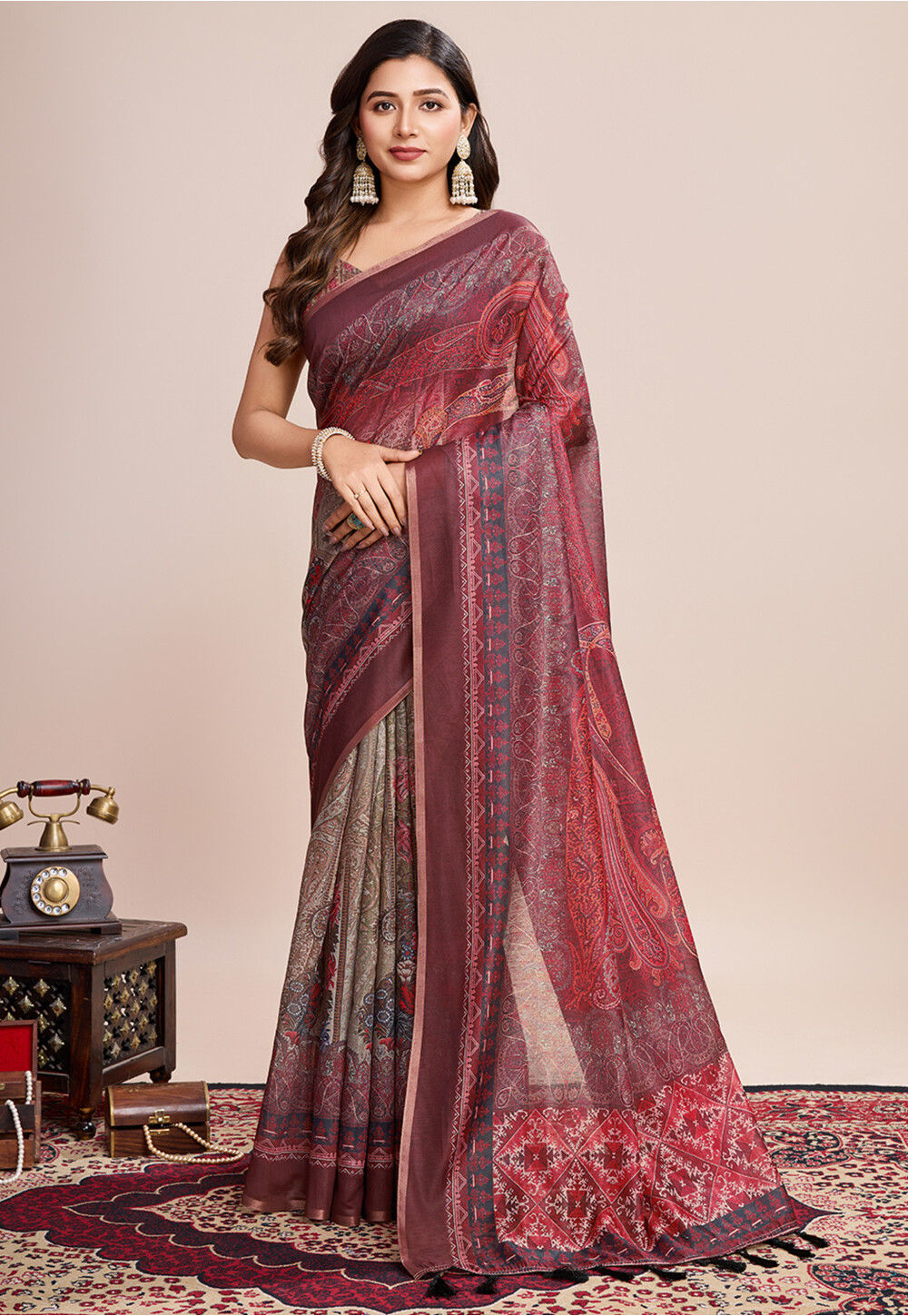 Buy Digital Printed Linen Saree in Multicolor Online : SPF13186 - Utsav ...
