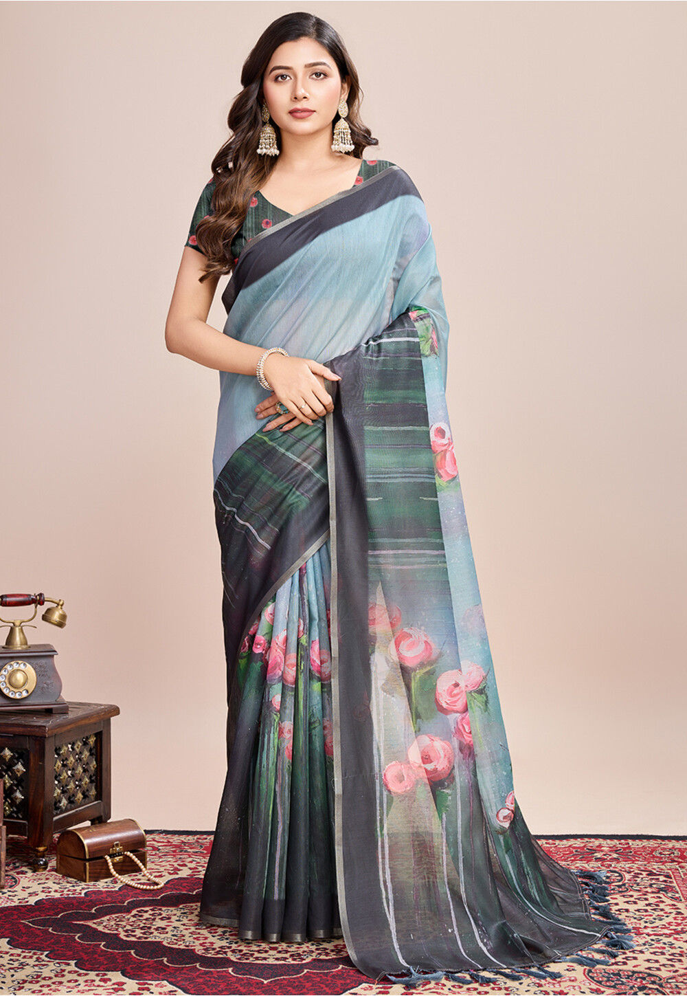 Buy Digital Printed Linen Saree in Shaded Blue and Black Online ...