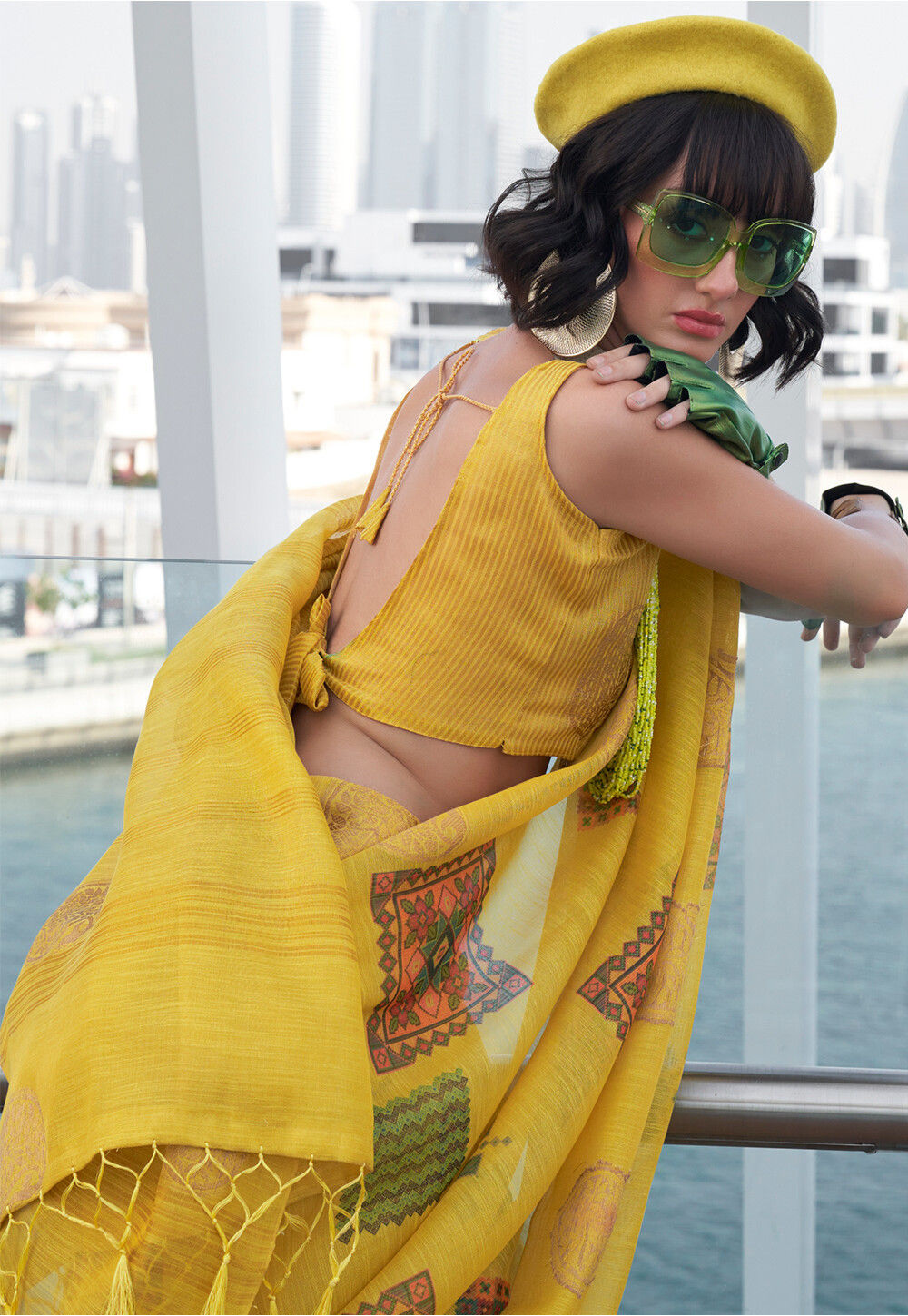Buy Digital Printed Linen Silk Saree in Yellow Online : SQN545 - Utsav ...