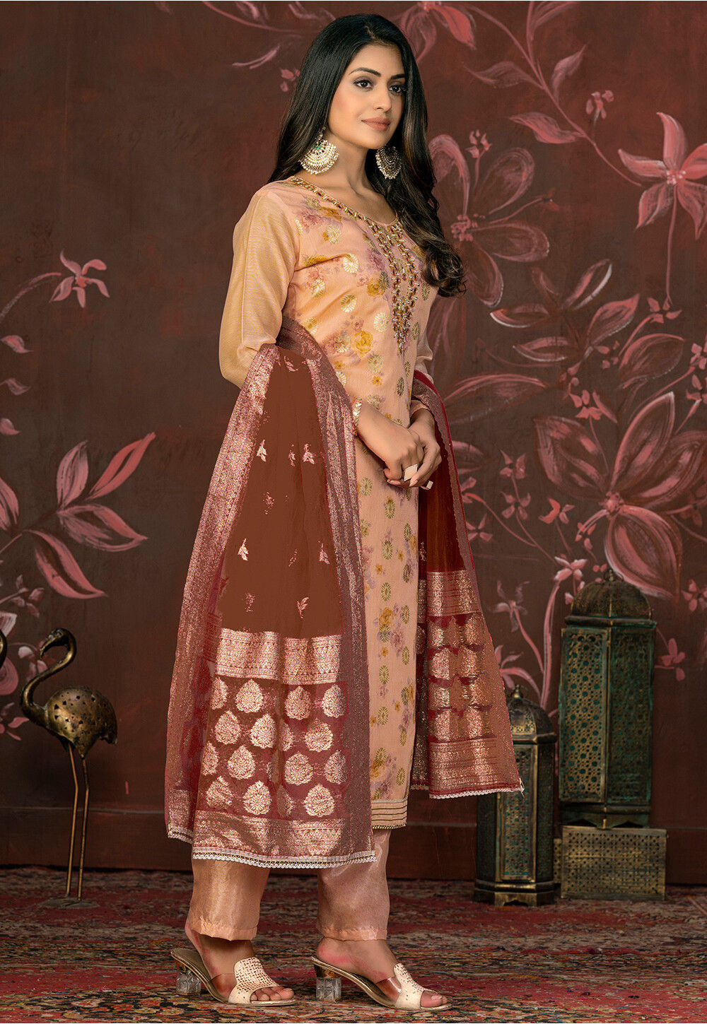 Buy Digital Printed Modal Silk Jacquard Pakistani Suit in Peach Online ...