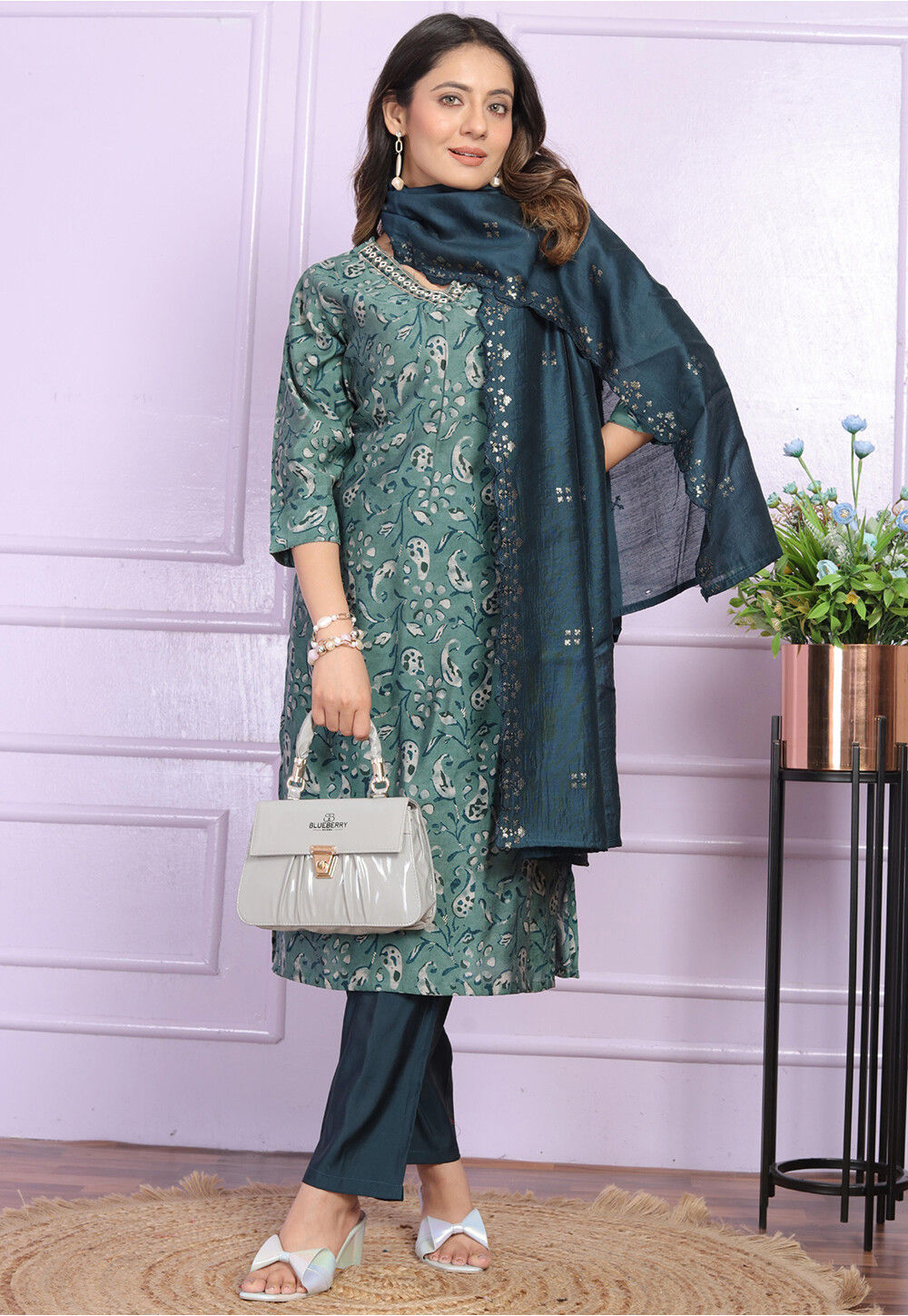 Buy Digital Printed Modal Silk Pakistani Suit in Teal Green Online ...