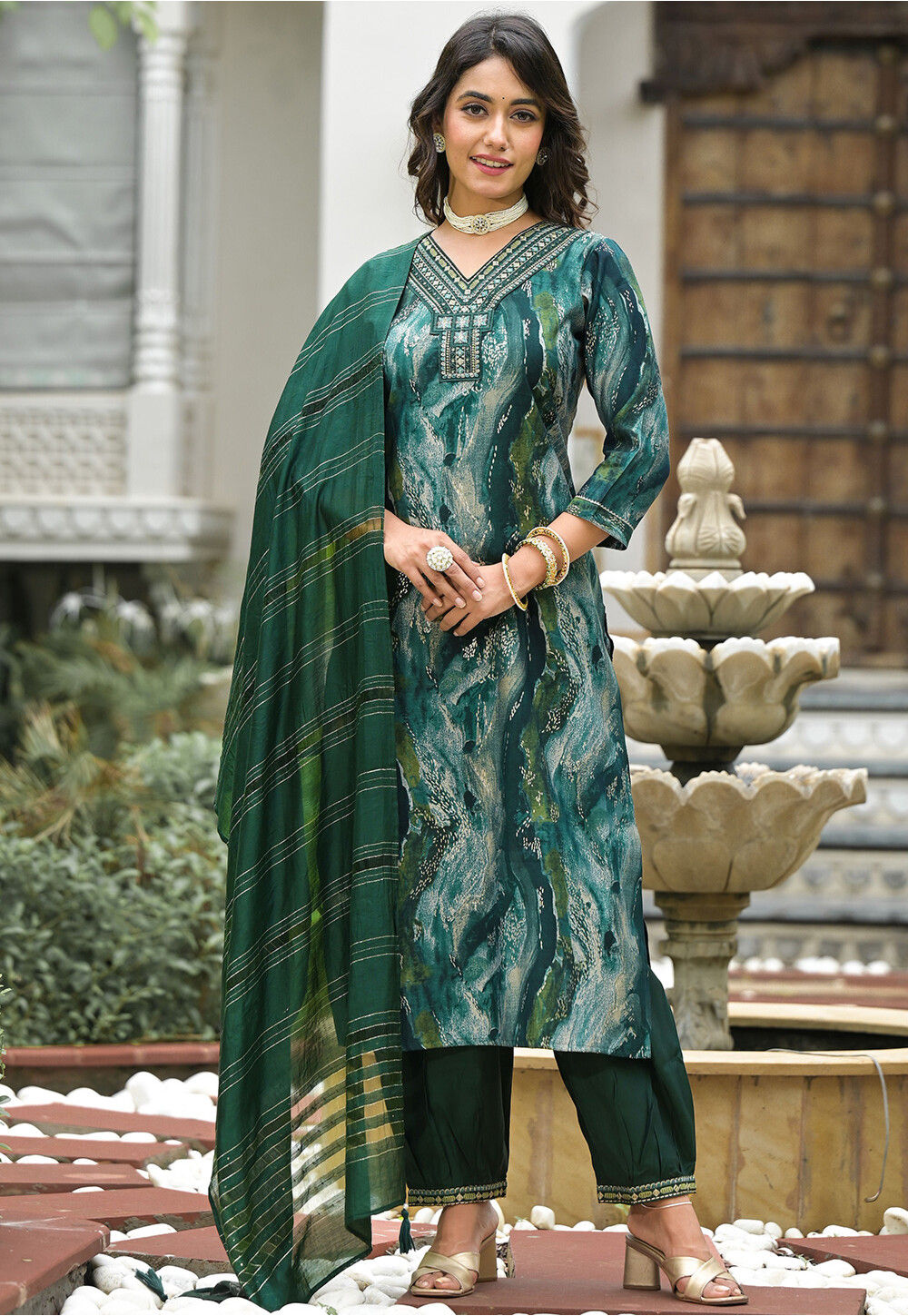 Buy Digital Printed Modal Silk Punjabi suits in Dark Green Online ...