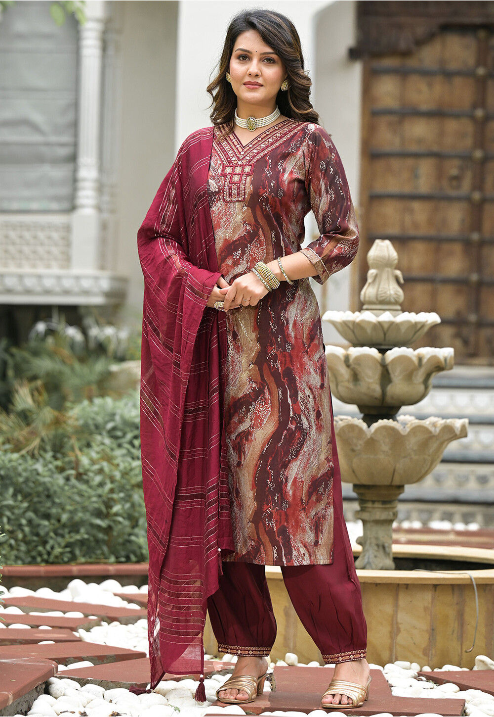 Buy Digital Printed Modal Silk Punjabi suits in Maroon Online : KJC4908 ...