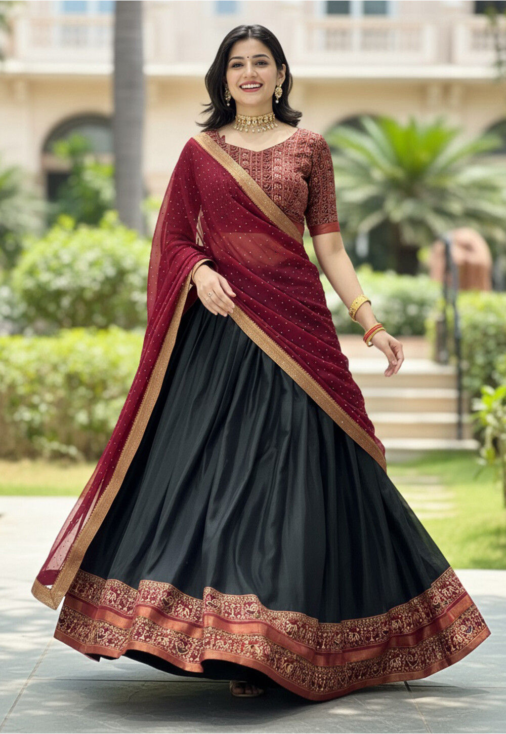 Buy Digital Printed Mul Mul Cotton Lehenga in Black Online : LBQ133 ...