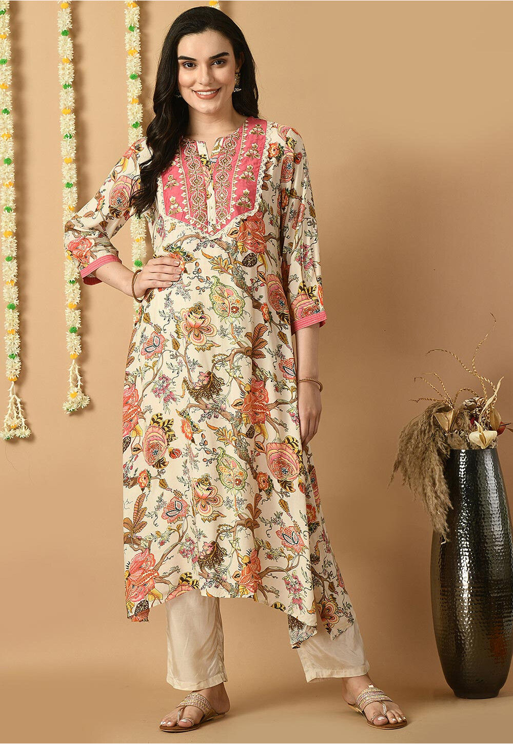 Buy Digital Printed Muslin Silk A Line Kurta Set in Cream Online ...