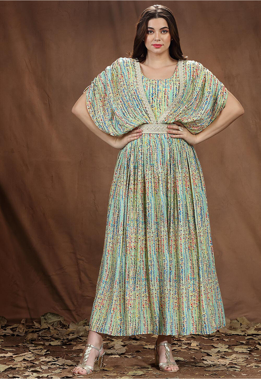 Buy Digital Printed Muslin Silk Long Flared Dress in Multicolor Online ...