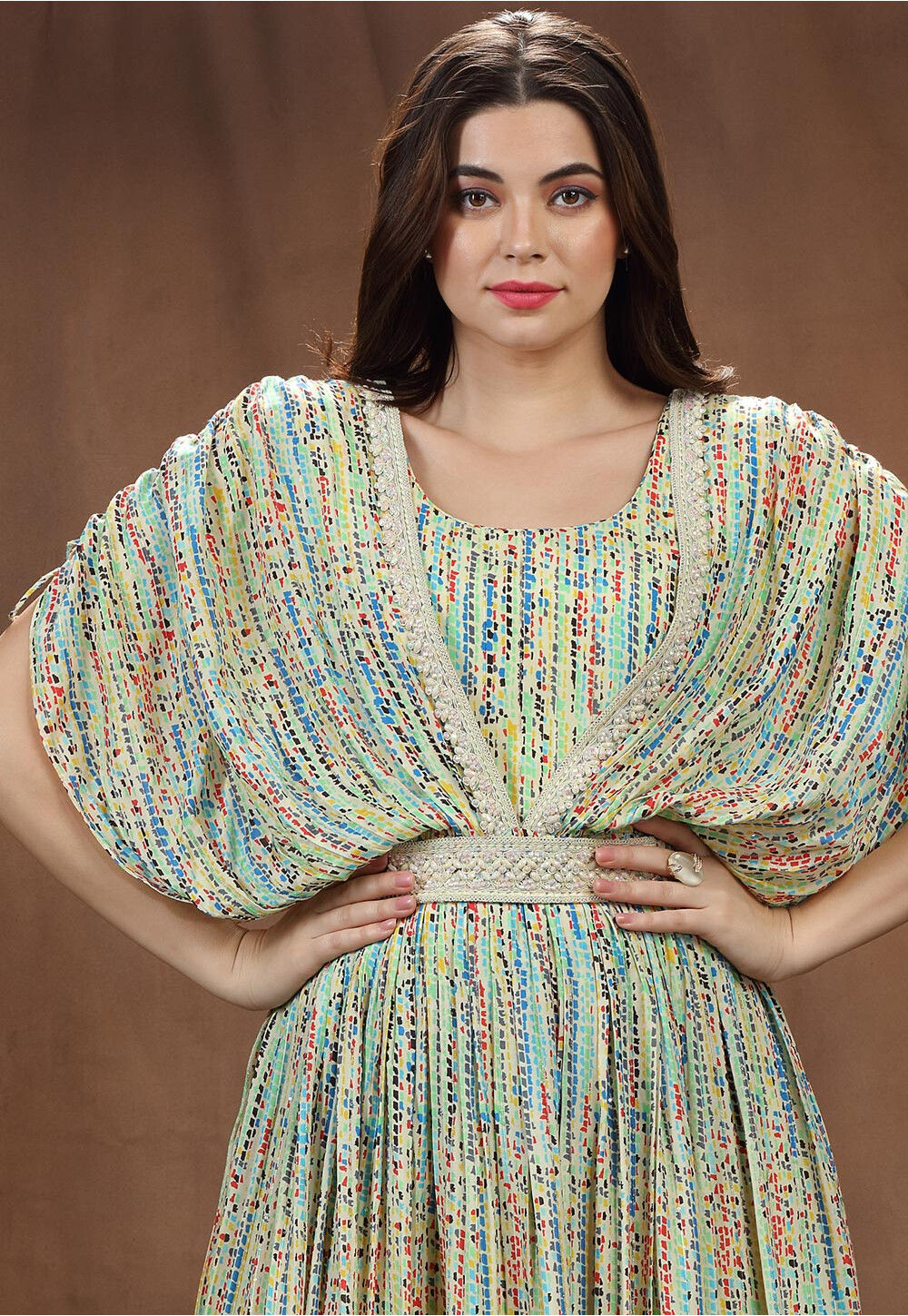 Buy Digital Printed Muslin Silk Long Flared Dress in Multicolor Online ...