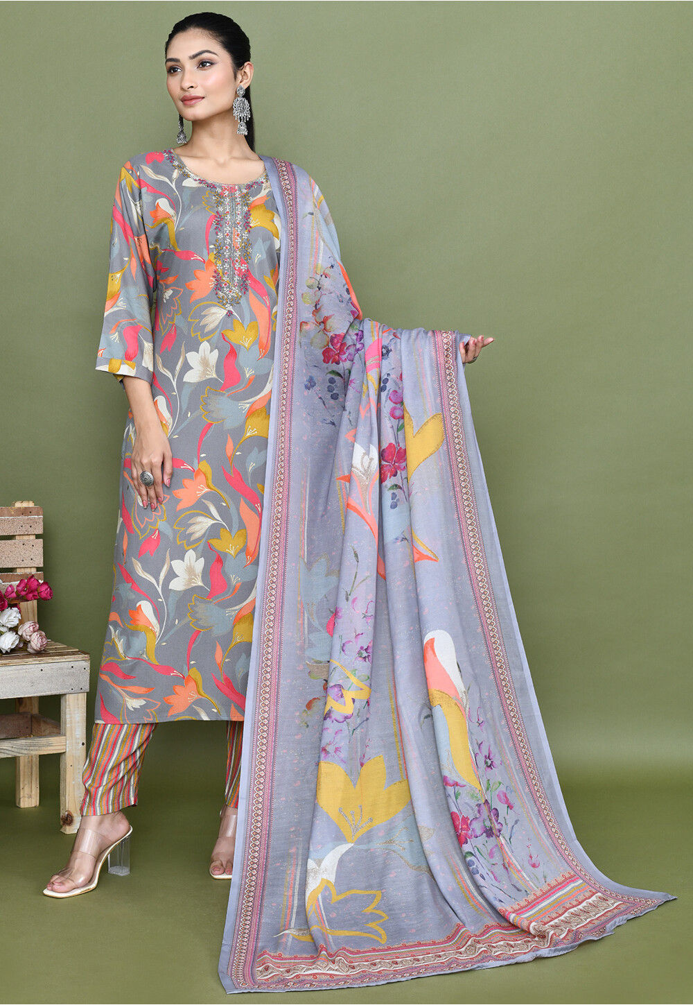 Buy Digital Printed Muslin Silk Pakistani Suit in Grey Online : KWU145 ...