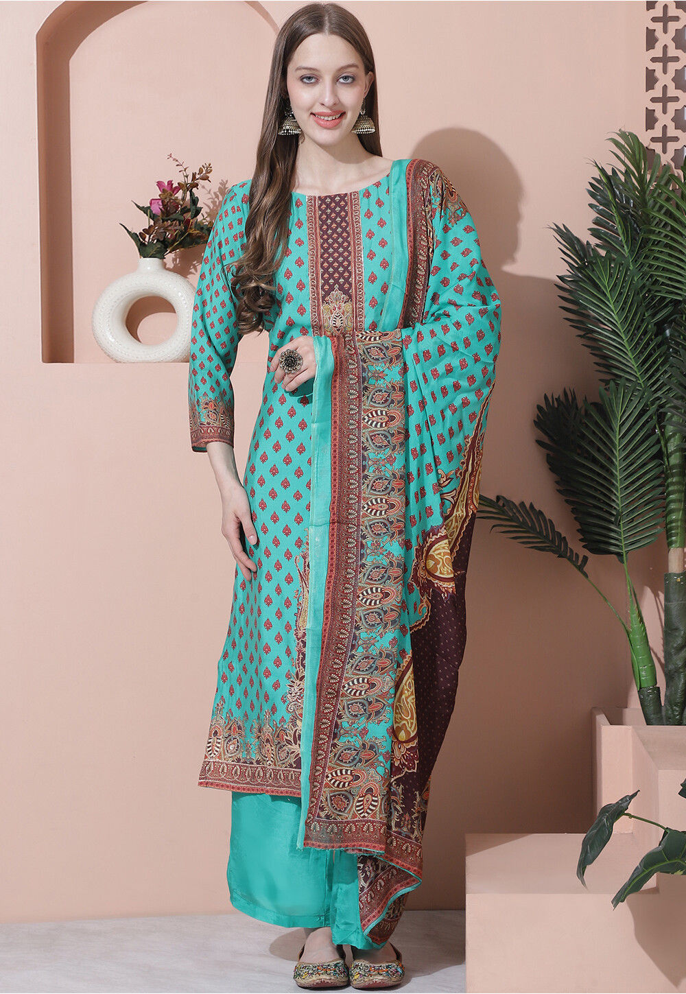 Buy Digital Printed Muslin Silk Pakistani Suit in Turquoise Online ...