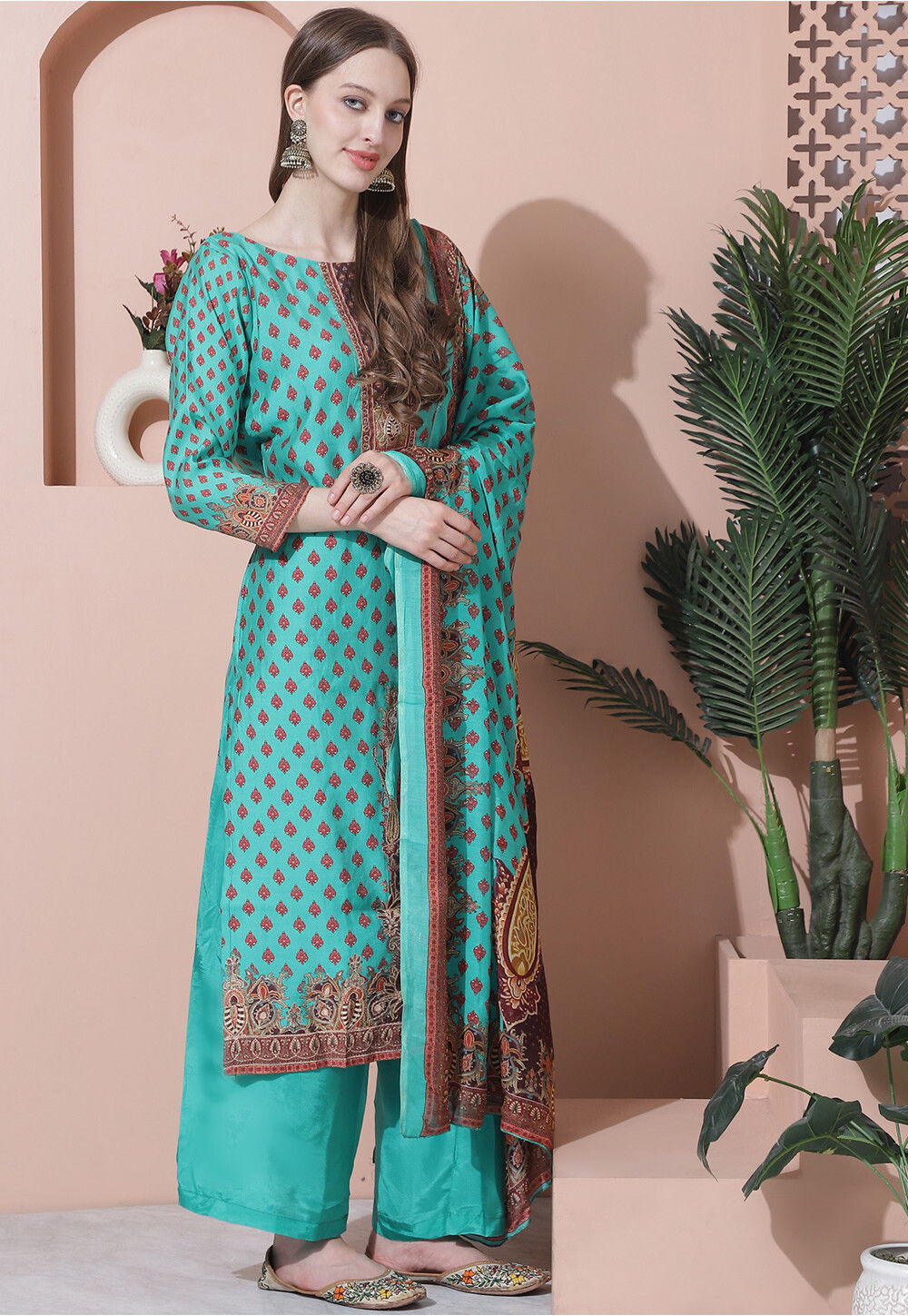 Buy Digital Printed Muslin Silk Pakistani Suit in Turquoise Online ...