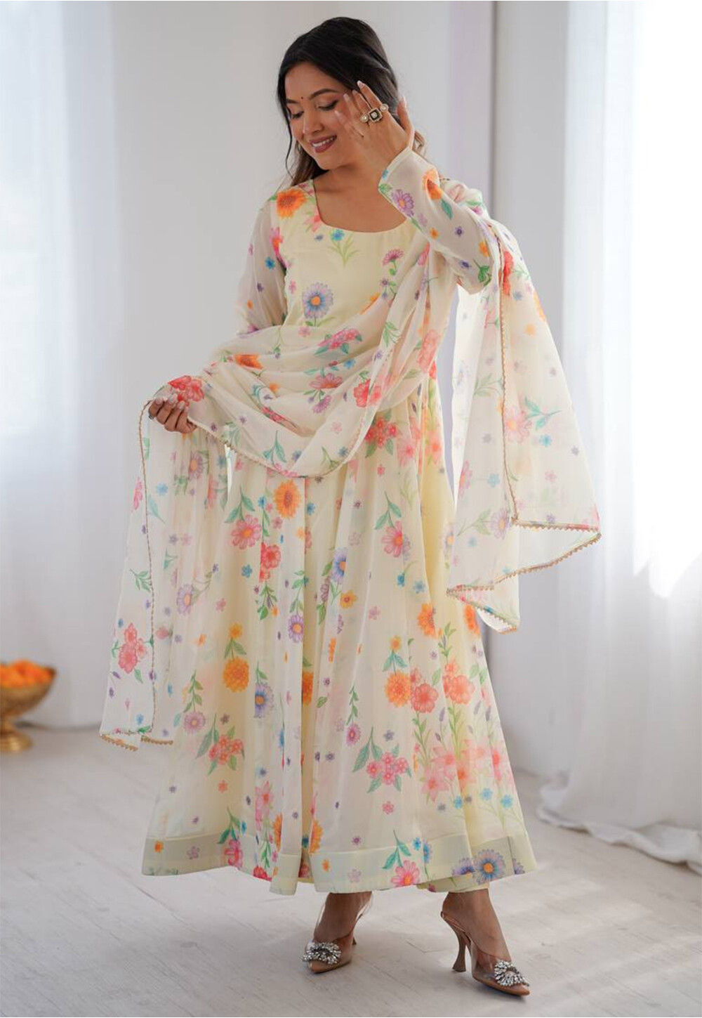Buy Digital Printed Organza Anarkali Suit in Cream Online : KBNQ7287 ...