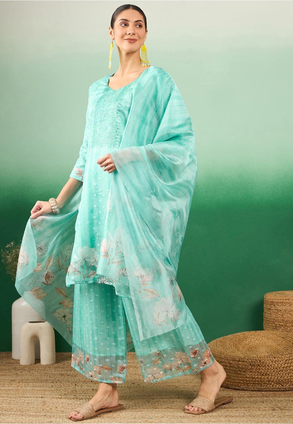 Buy Digital Printed Organza Pakistani Suit in Turquoise Online : KMY117 ...