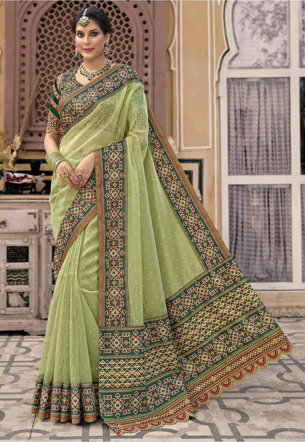 Buy Digital Printed Organza Silk Jacquard Saree in Light Green Online ...