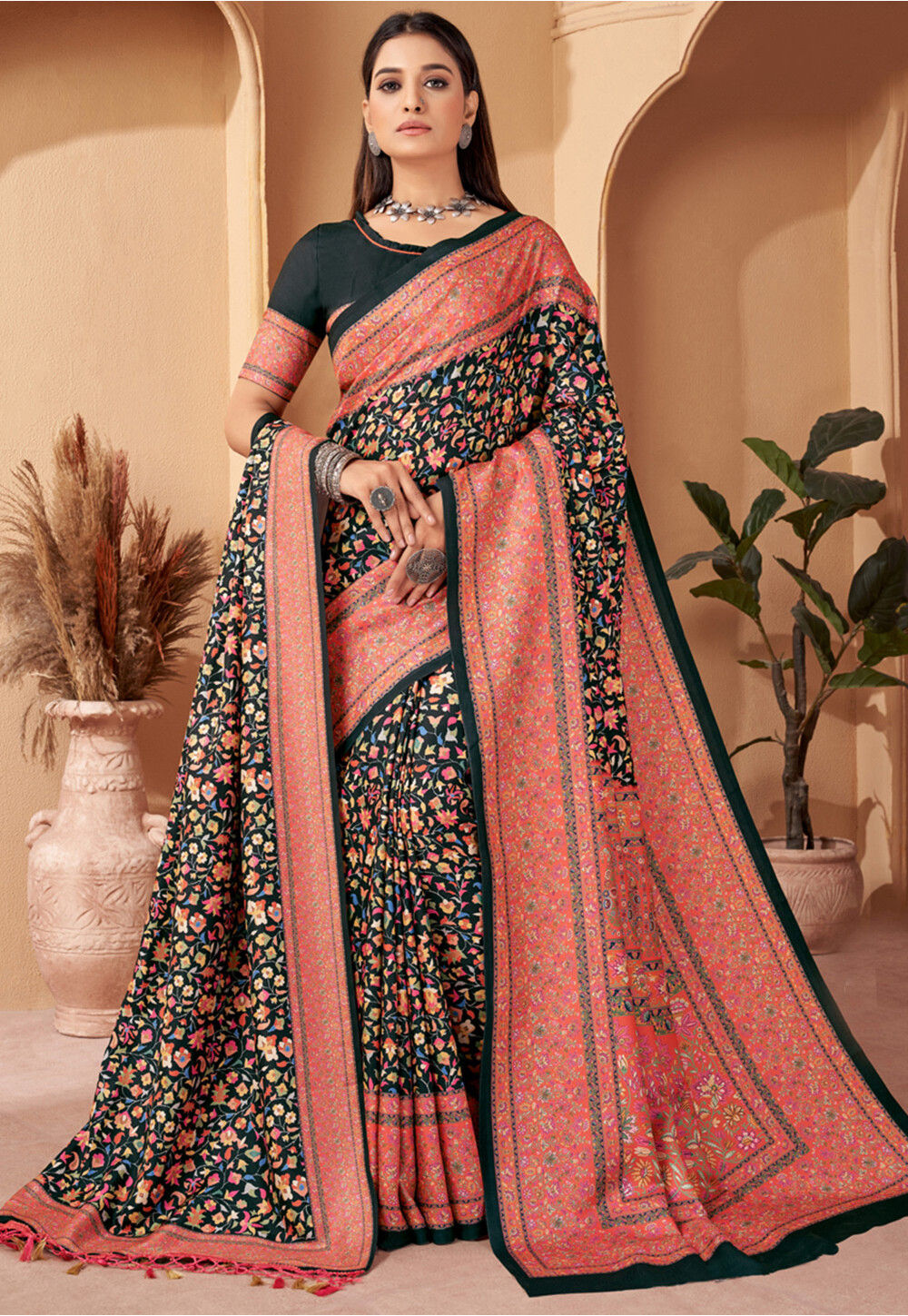 Buy Digital Printed Pashmina Silk Saree in Black Online : SSDA140 ...