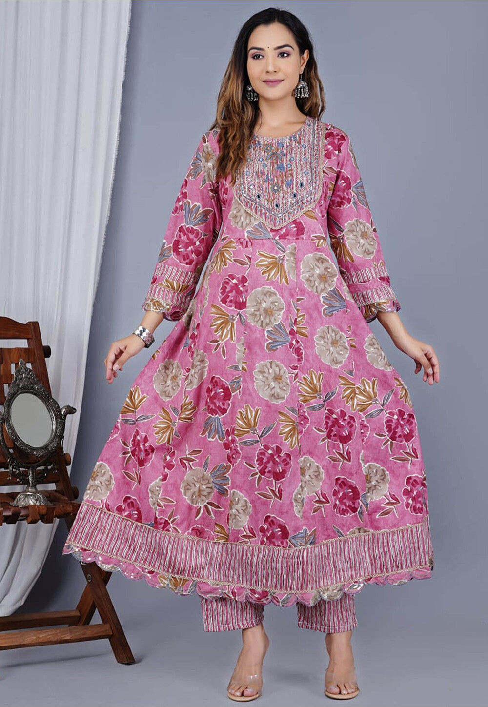 Buy Digital Printed Poly Cotton Anarkali Suit in Pink Online : KBNQ5435 - Utsav Fashion
